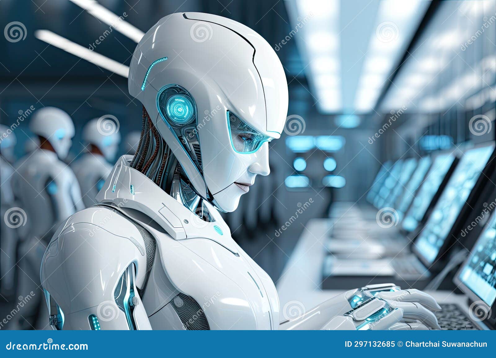 Robot Sitting at Desk with Laptop Computer in Front of Him. by ...