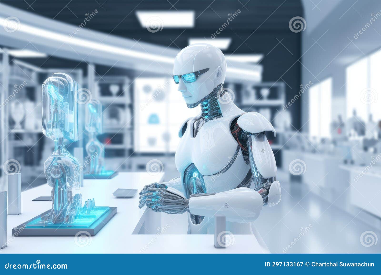 Robot Sitting at Desk with Laptop Computer in Front of Him. by ...