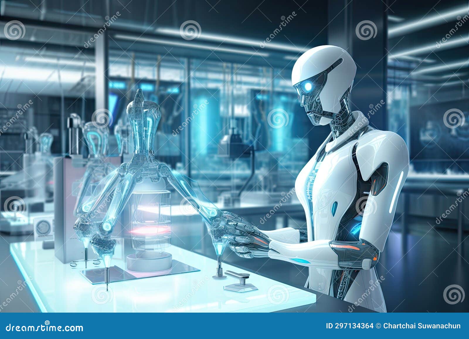 Robot Sitting at Desk with Laptop Computer in Front of Him. by ...