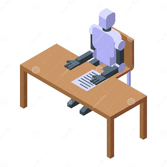 Robot Sitting at Desk Reading Document Isometric Icon Stock Vector ...
