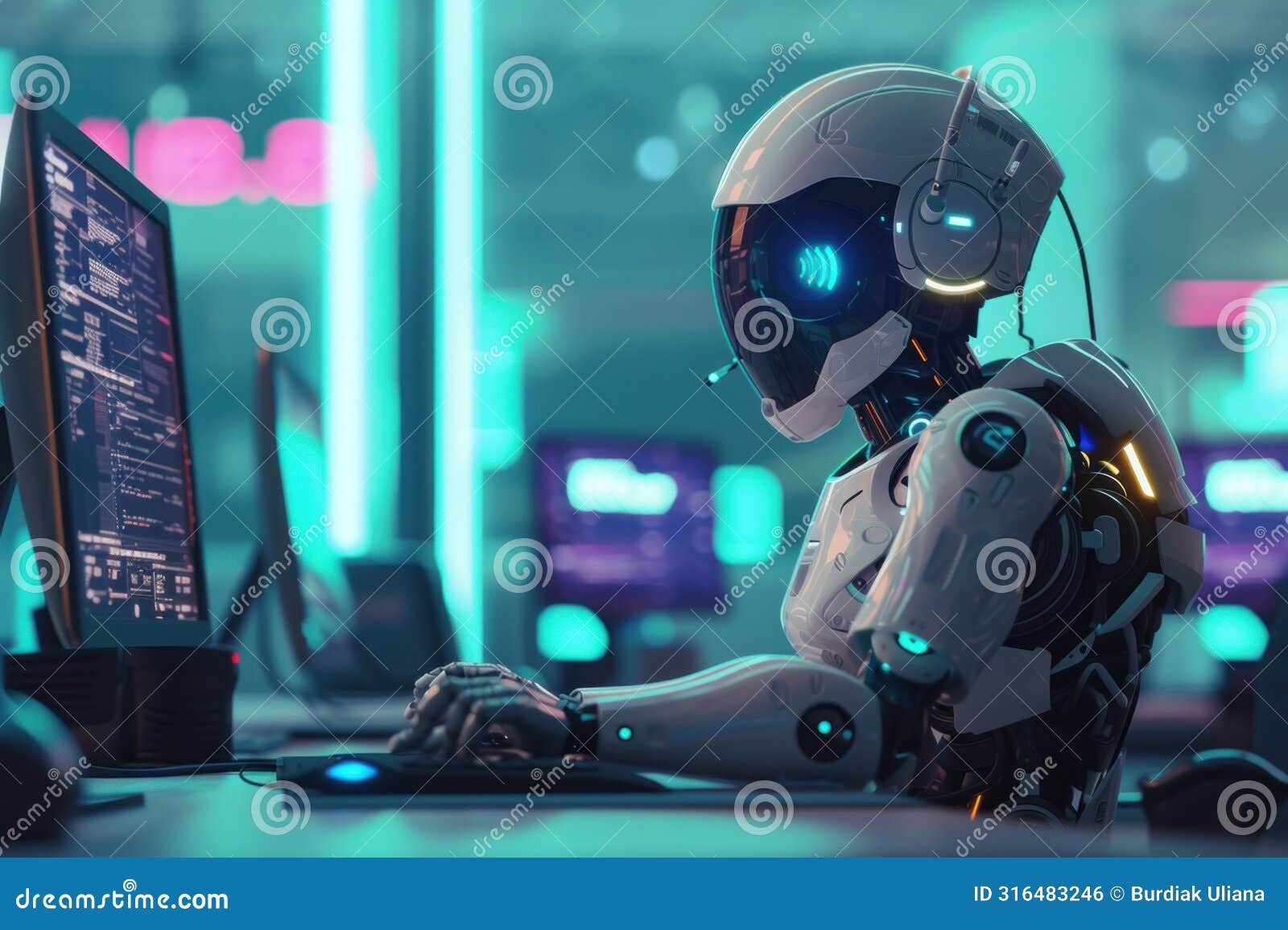 Robot Sitting at Desk Working on Computer. Generative AI Stock Photo ...