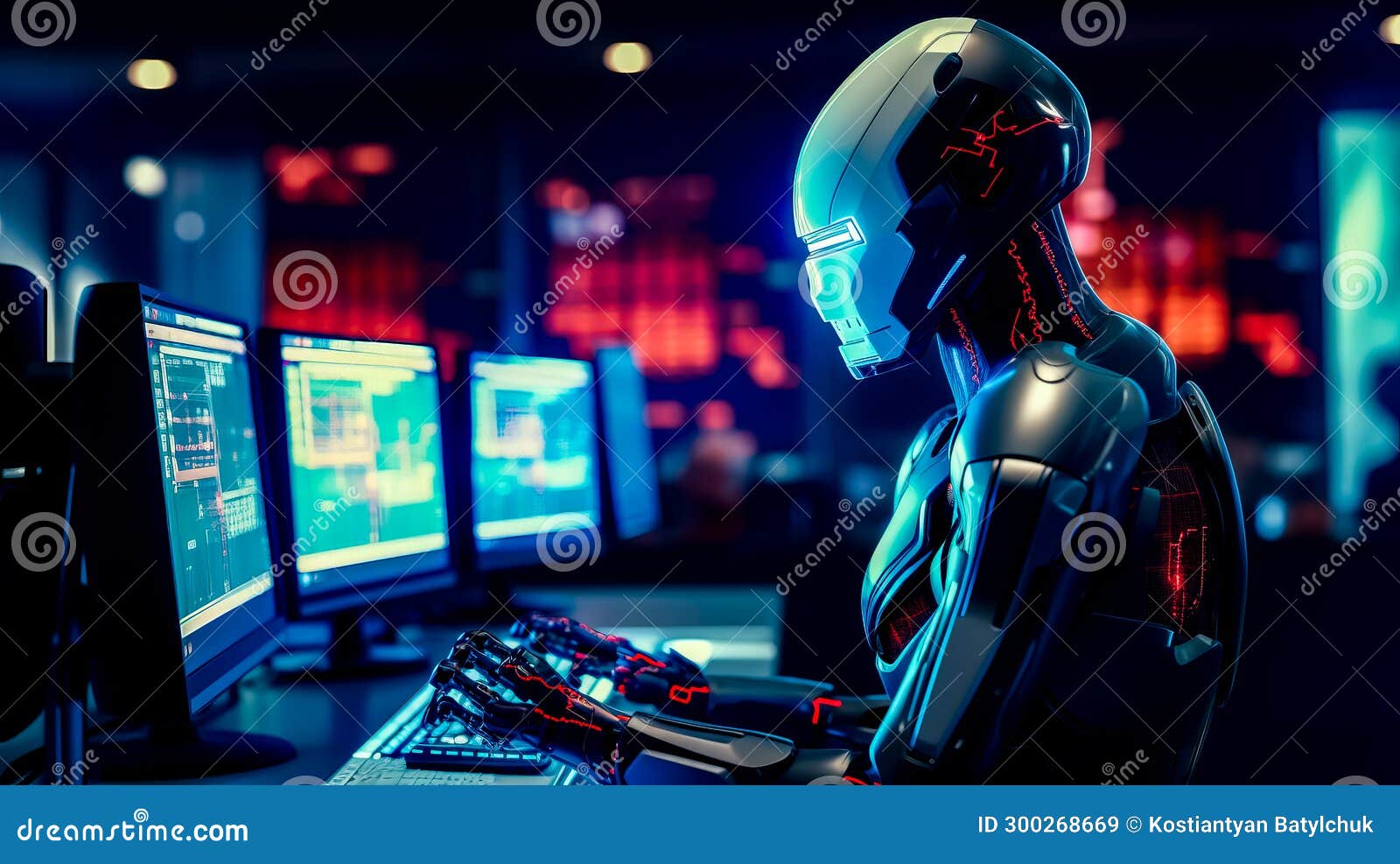 Robot Sitting in Front of Computer Monitor Next To Keyboard and Mouse ...