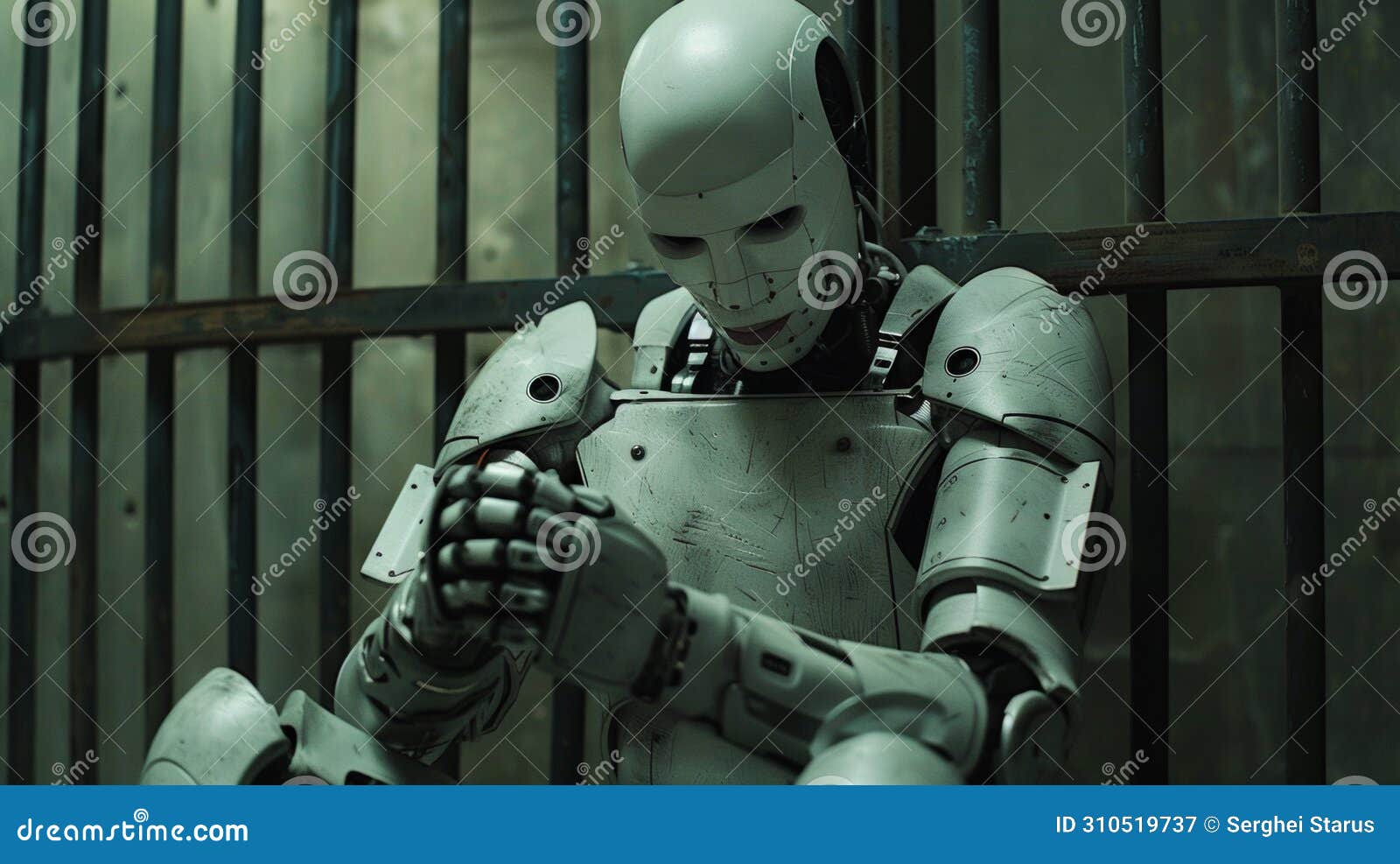 A Robot Sitting in a Jail Cell with His Hands Folded, AI Stock Image ...