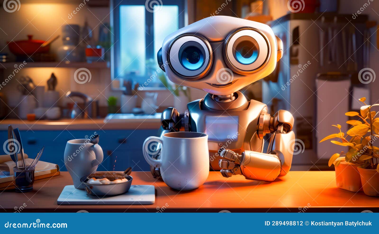 Robot Sitting at Kitchen Counter with Cup of Coffee in Front of it ...