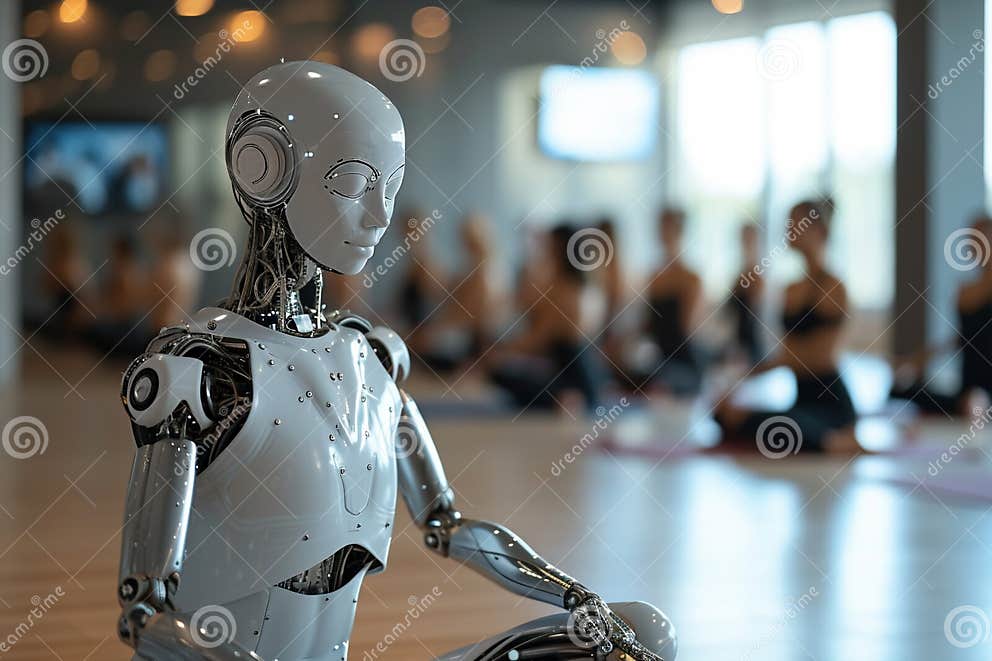 The Robot Sitting, Meditating, Modern Yoga Studio, Blurred Yoga Studio ...