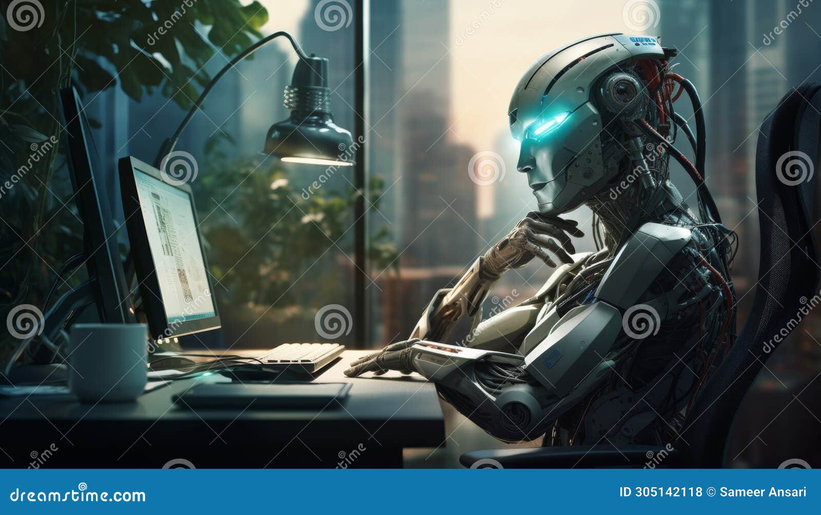 Robot Sitting at Office Computer Table Processing Data and Managing ...