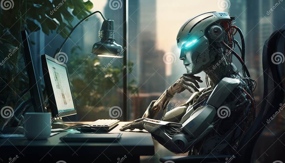 Robot Sitting at Office Computer Table Processing Data and Managing ...