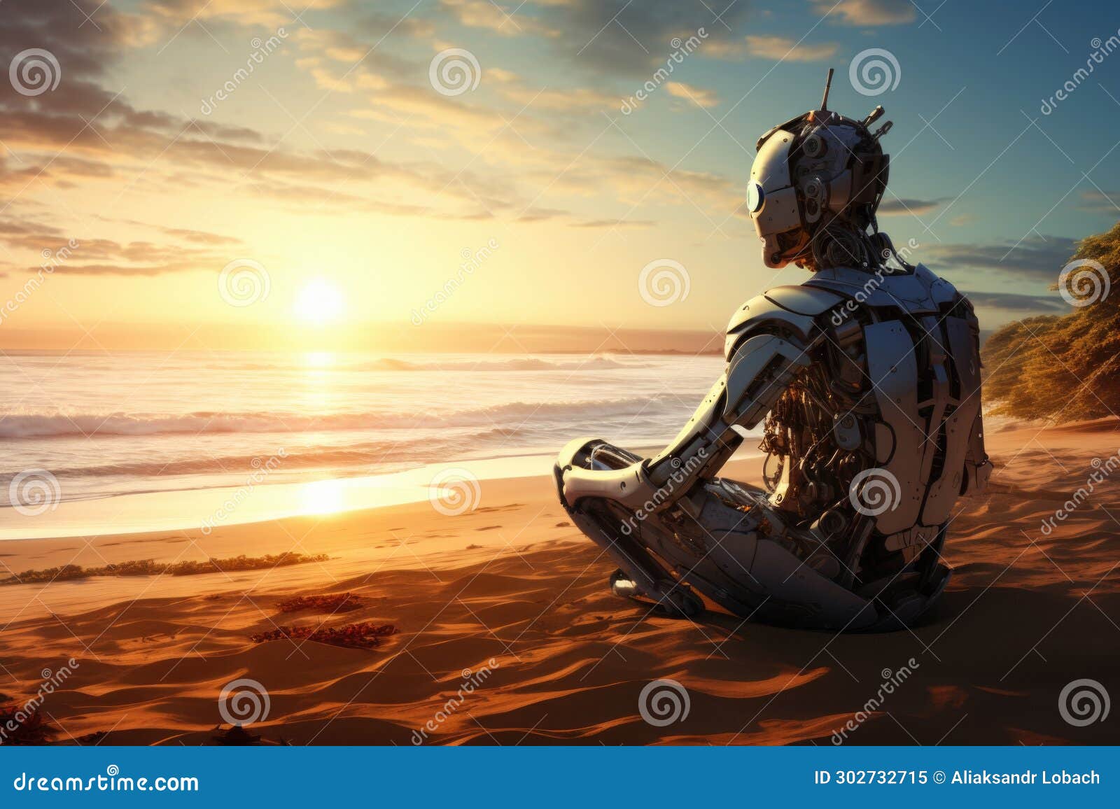 Robot Sitting Outdoors and Looking at the Sunset. Concept of Reflection ...