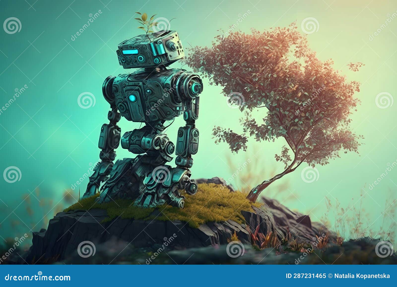 The Robot is Sitting with a Tree Sprout. the Concept of Reviving the ...