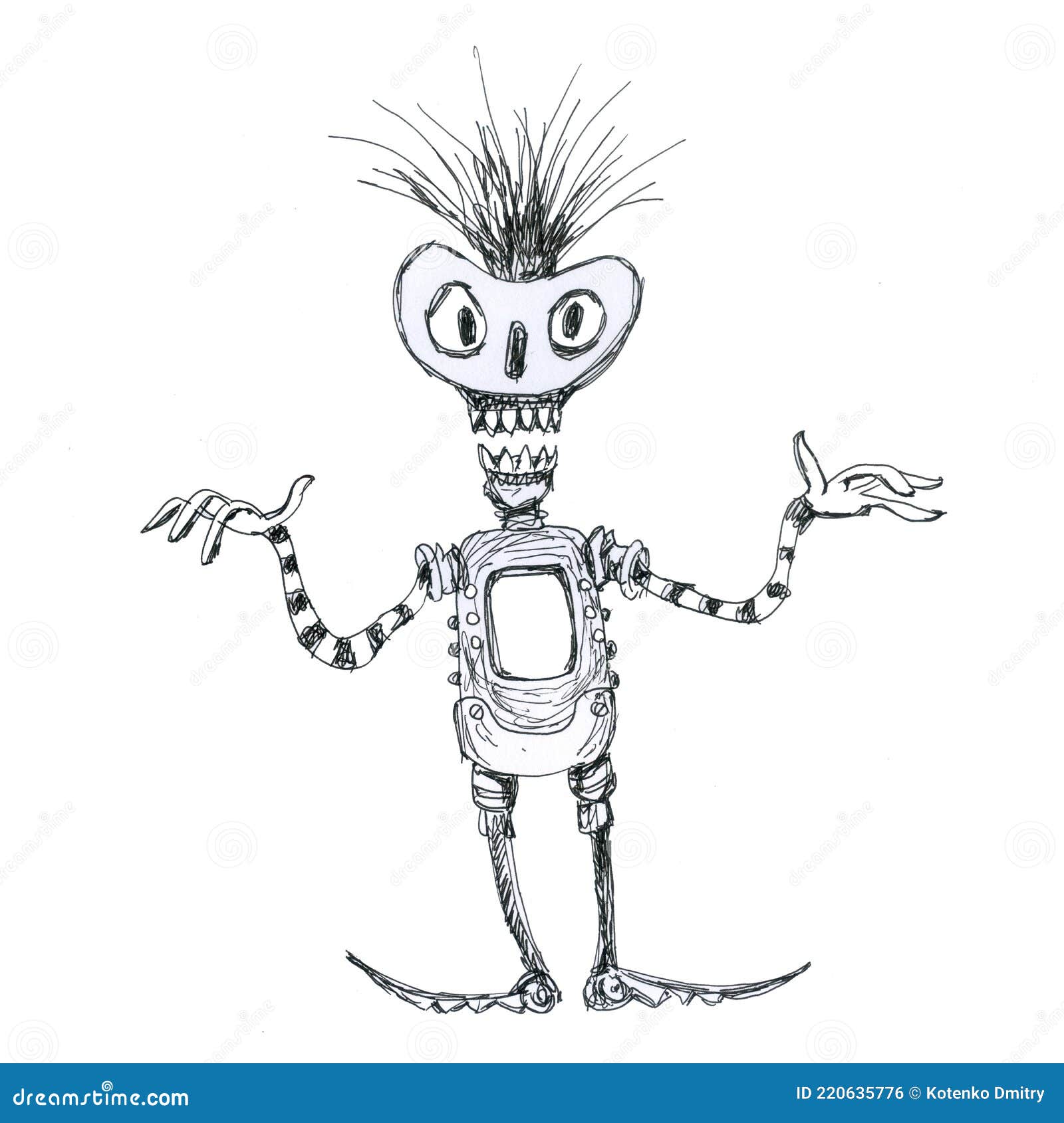 Robot Skeleton, Funny Character. Ink Sketch. Stock Illustration ...