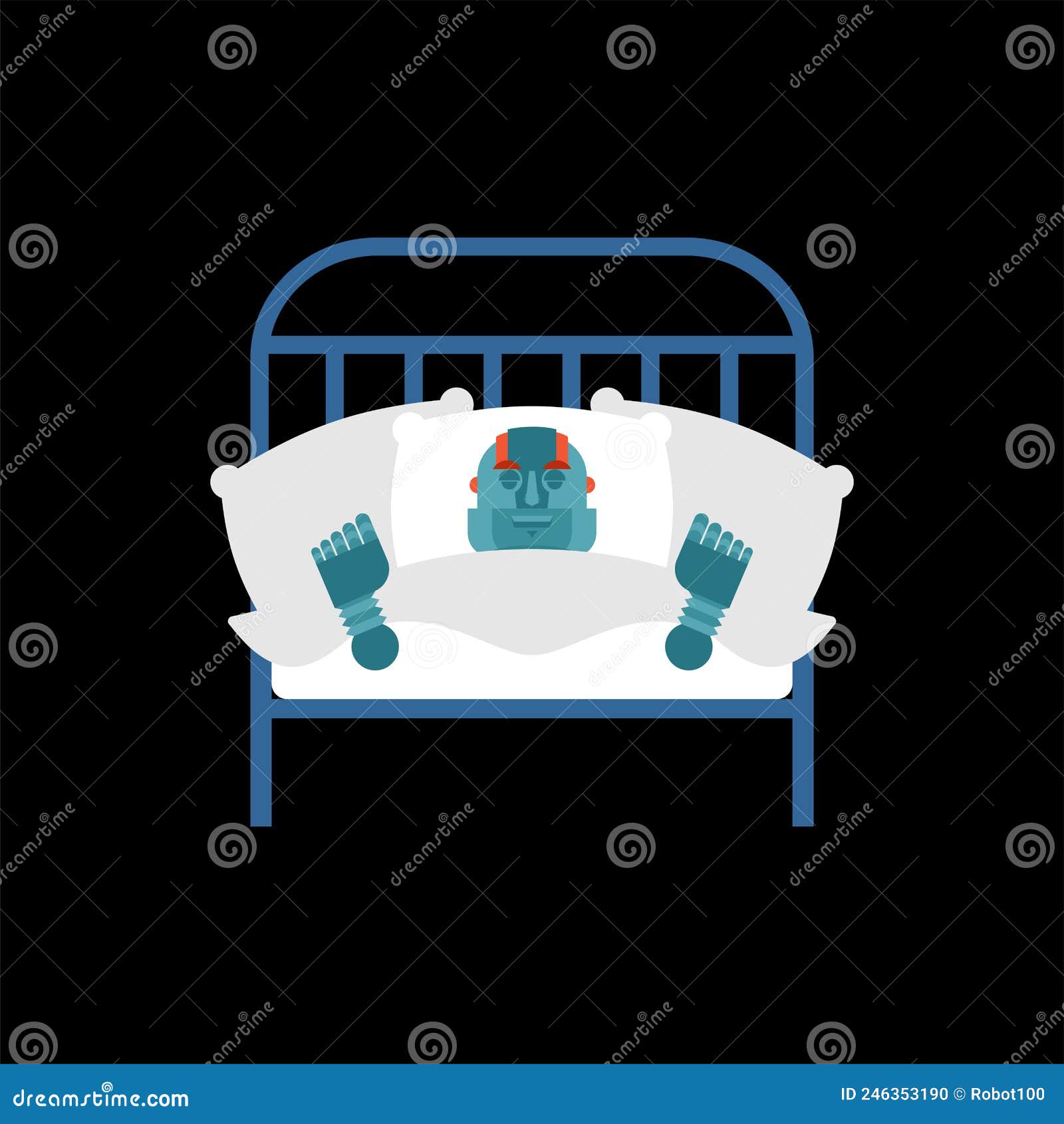 Robot Sleeps in Bed. Charging and Reloading Cyborg Stock Vector ...