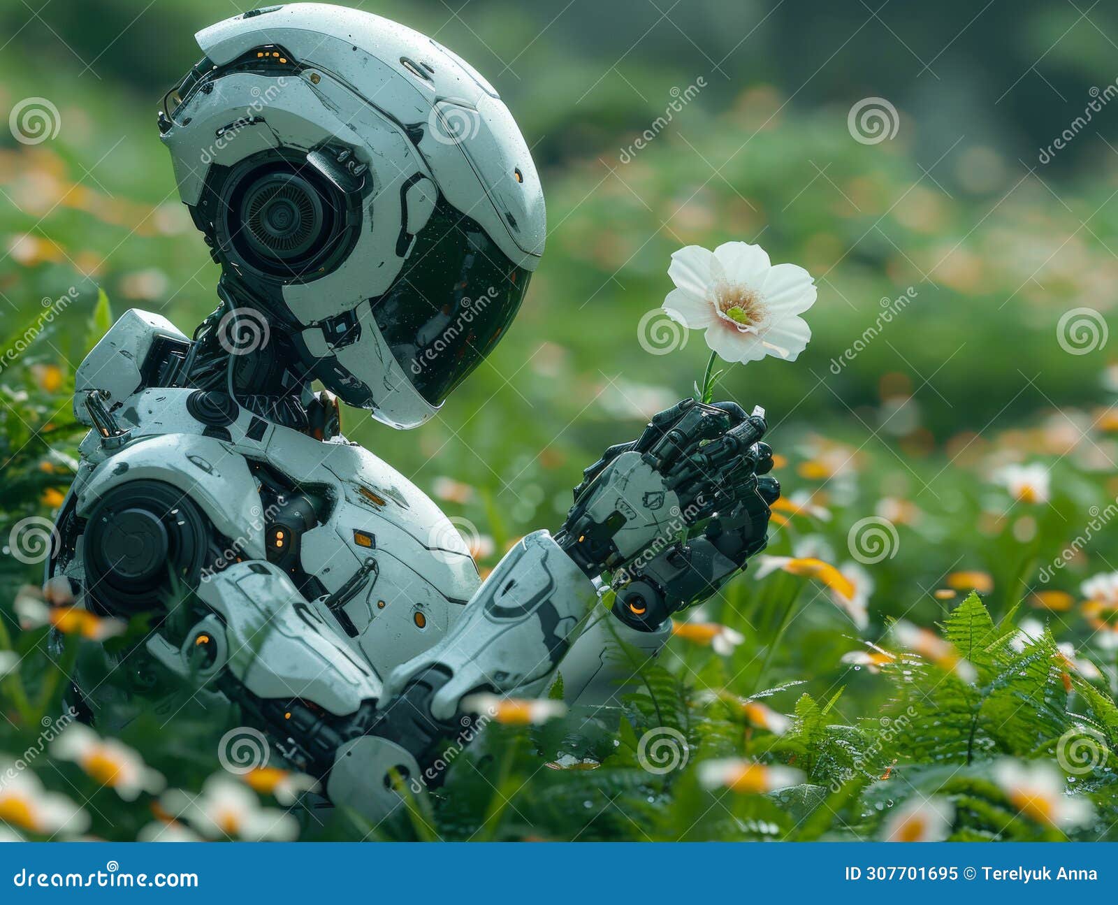 Robot is Smelling Flower. a Humanoid Robot Holding a Flower in it& X27 ...