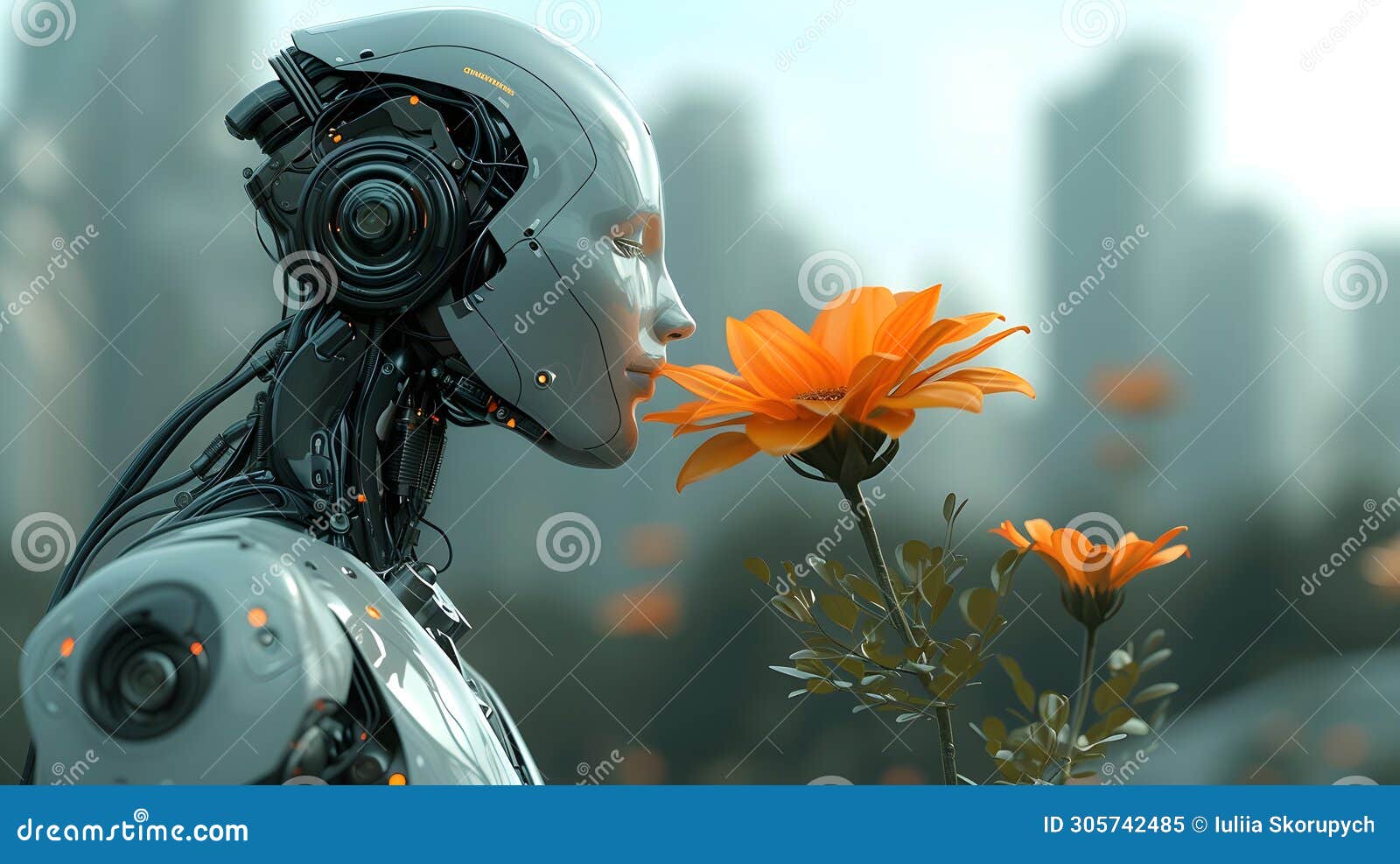 A Robot Sniffing a Flower. the Image of a Robot Sniffing a Flower ...