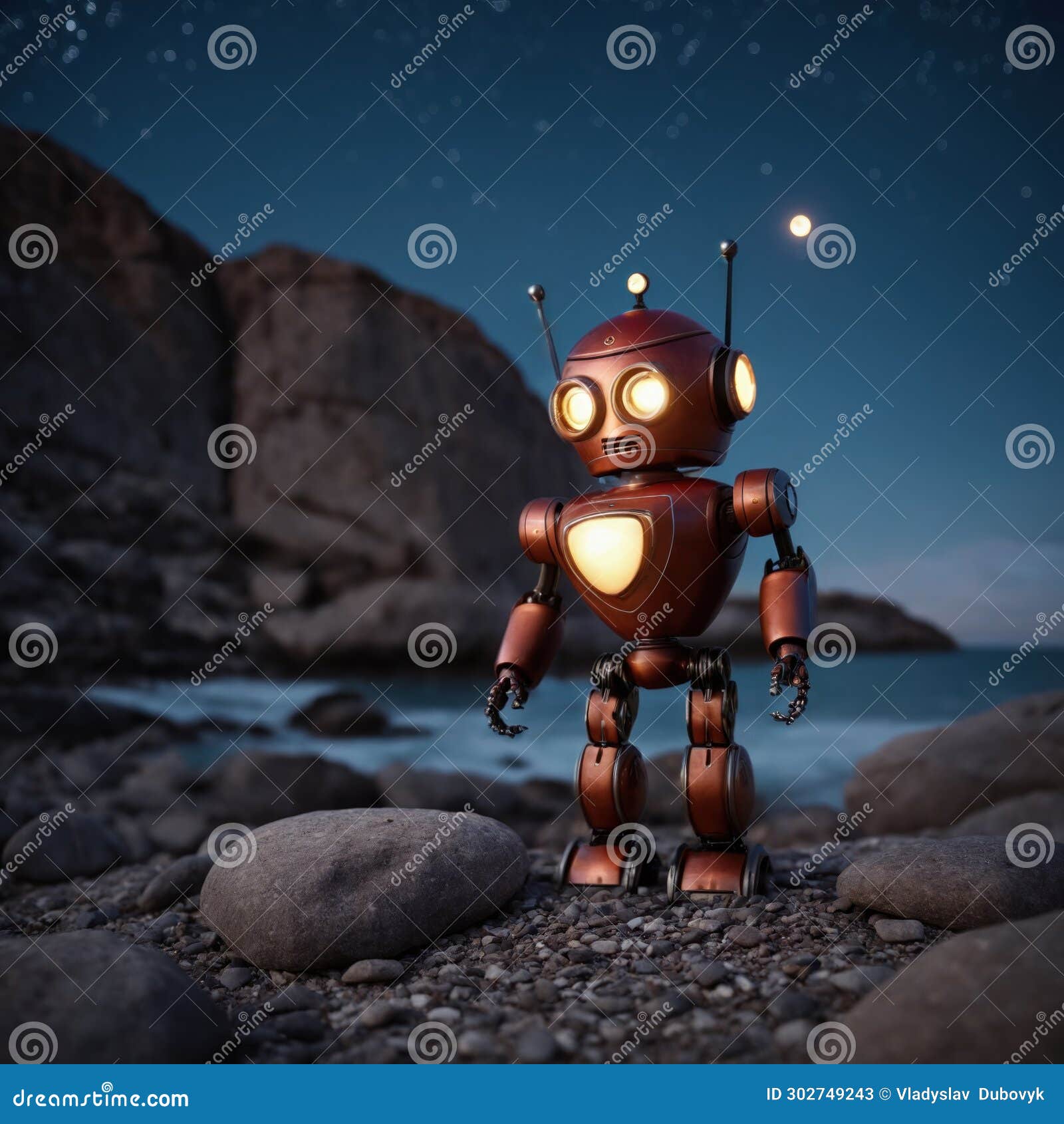 A Robot in Space with Stars and Rocks in the Background Stock ...