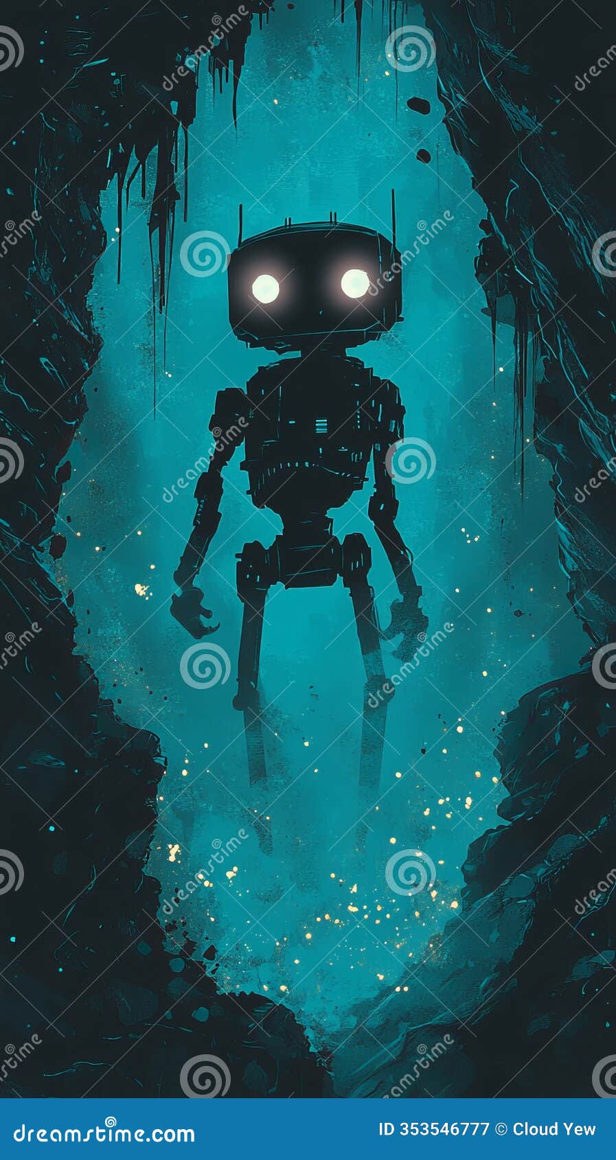 Robot is Standing in a Cave with a Blue Background Stock Illustration ...