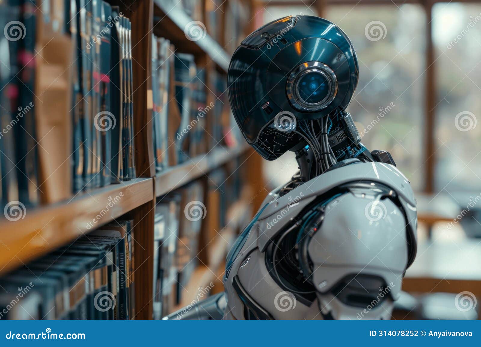 A Robot that is Standing in Front of a Book Shelf Stock Photo - Image ...
