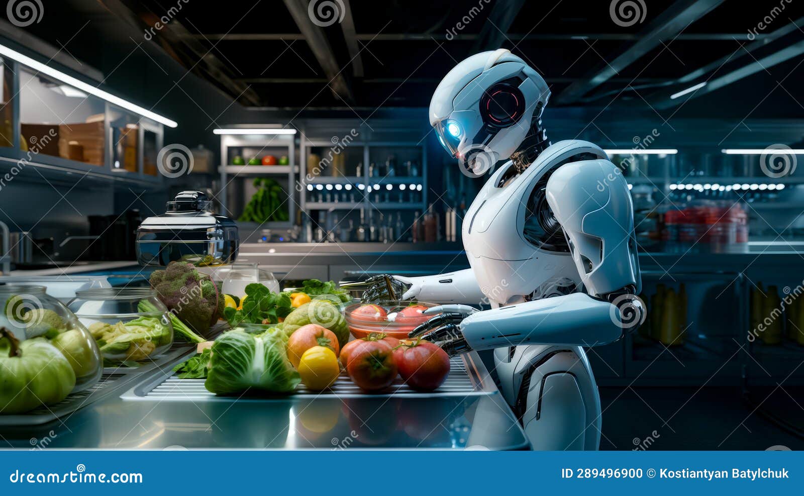 Robot Standing in Front of Counter with Bowl of Fruit and Vegetables ...