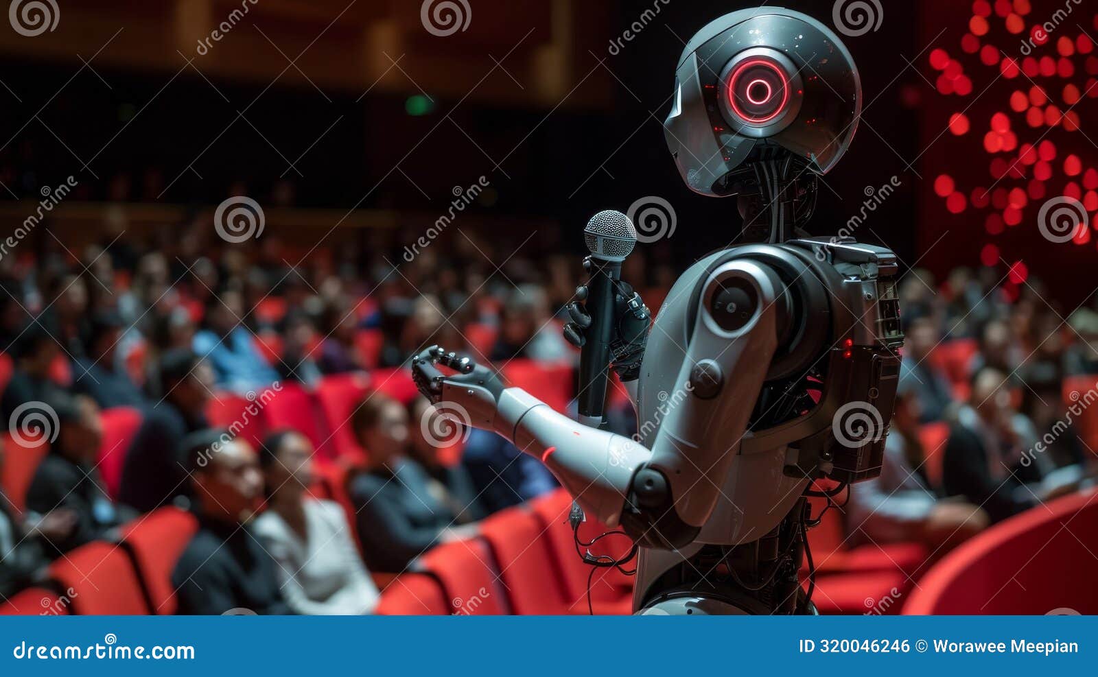 A Robot is Standing in Front of a Crowd of People, Holding a Microphone ...
