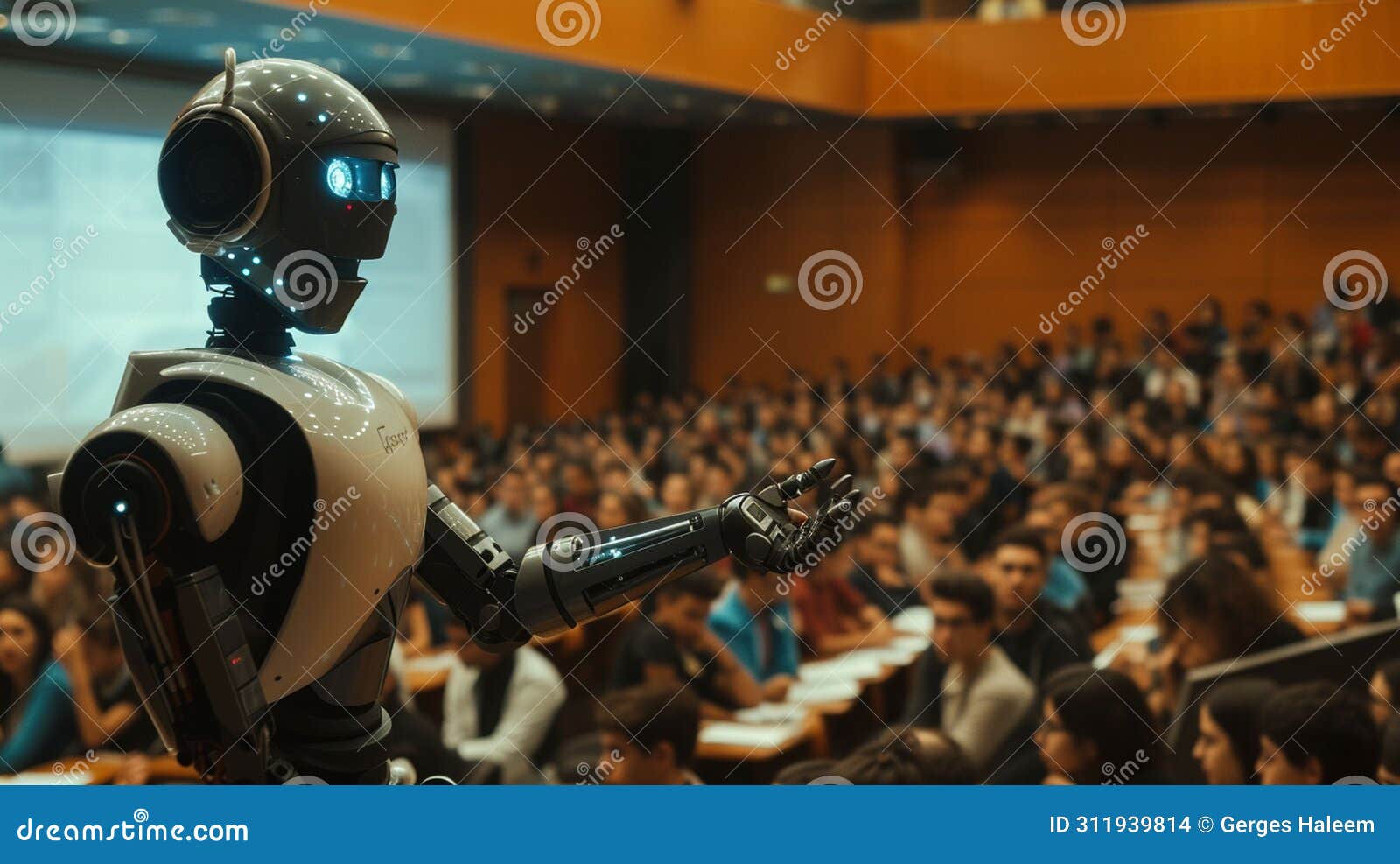 Robot Standing in Front of Crowd of People Stock Illustration ...