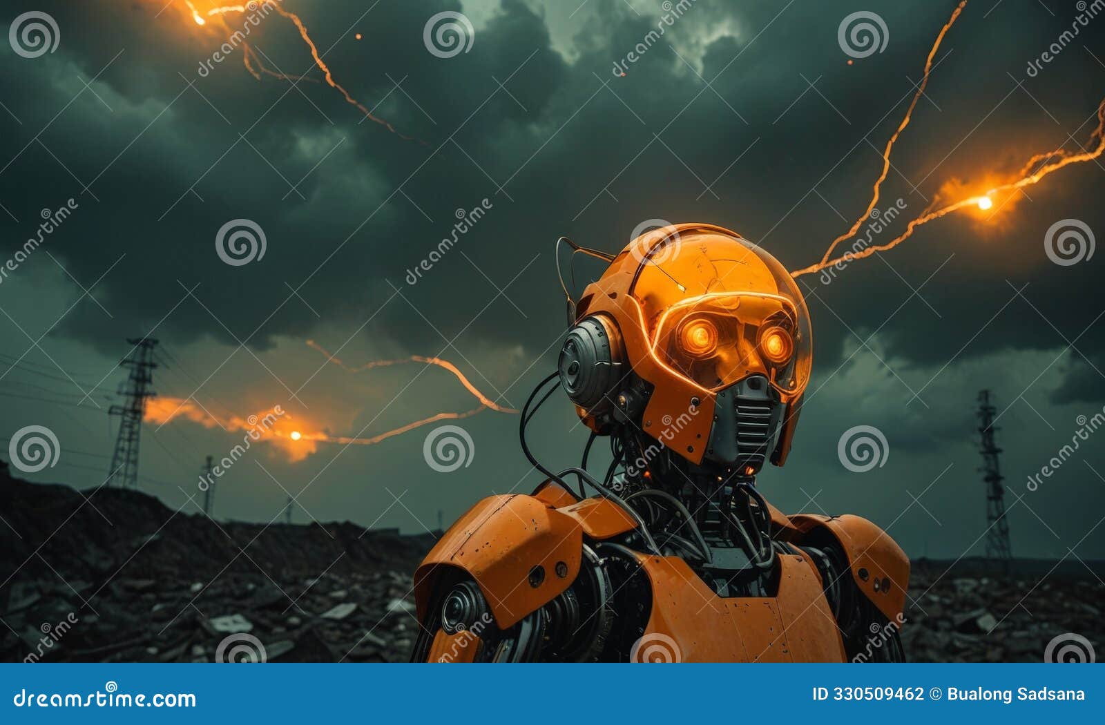 Robot Standing in Front Pile Rubble Stock Illustration - Illustration ...