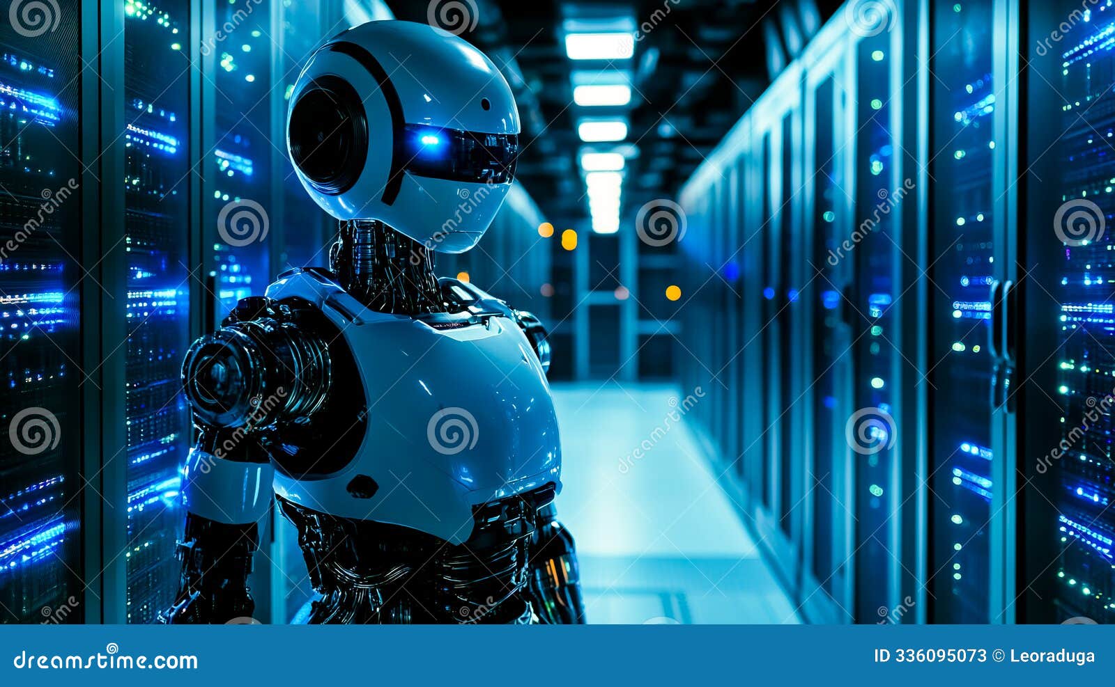 A Robot Standing in Front of a Server Room Stock Illustration ...