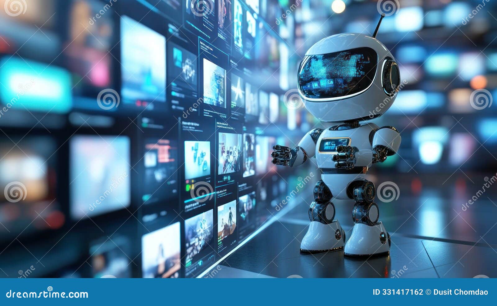 A Robot is Standing in Front of a Wall of Television Screens Stock ...