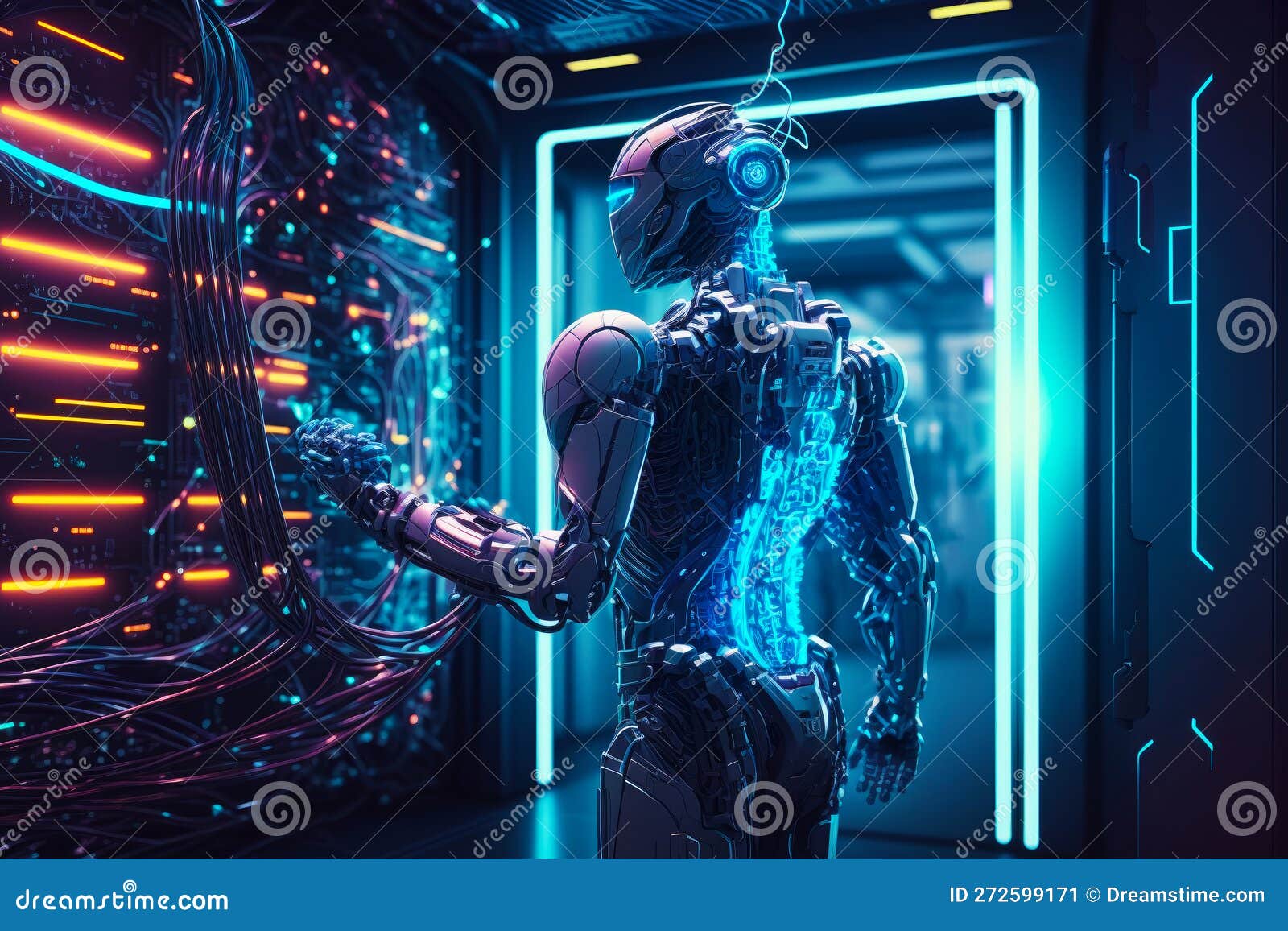 Robot that is Standing in Front of Wall of Wires and Wires. Generative ...