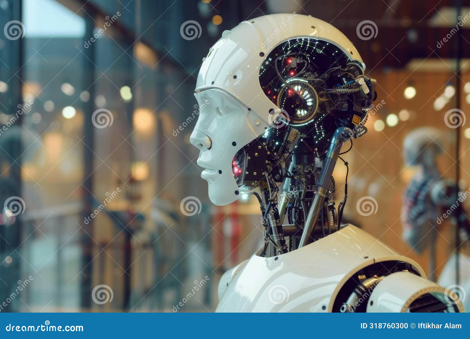 A Robot is Standing in Front of a Window, Observing the Outside View ...