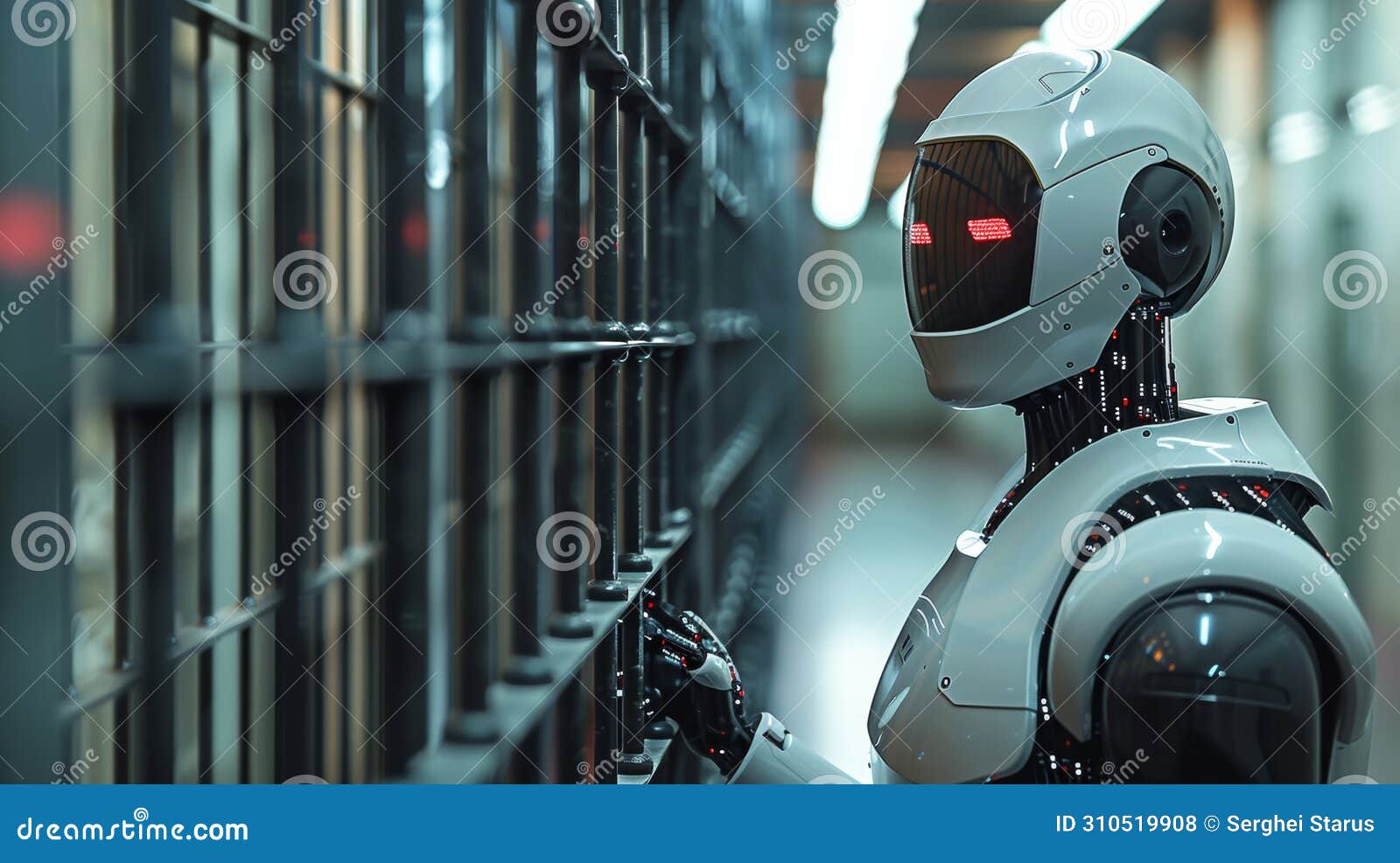 A Robot is Standing in a Jail Cell with Bars on the Wall, AI Stock ...