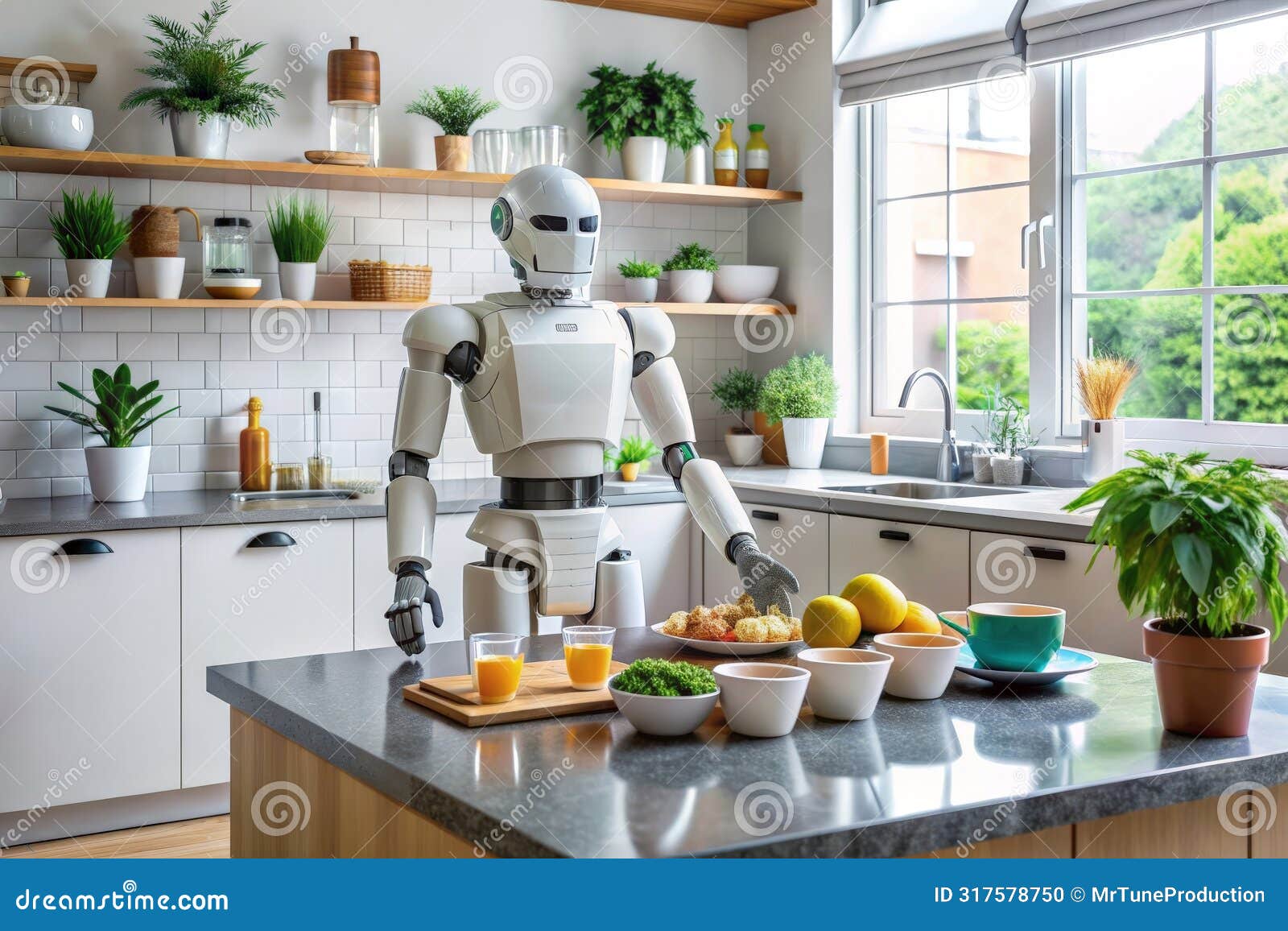 A Robot is Standing in a Kitchen, Preparing Food on the Counter Stock ...
