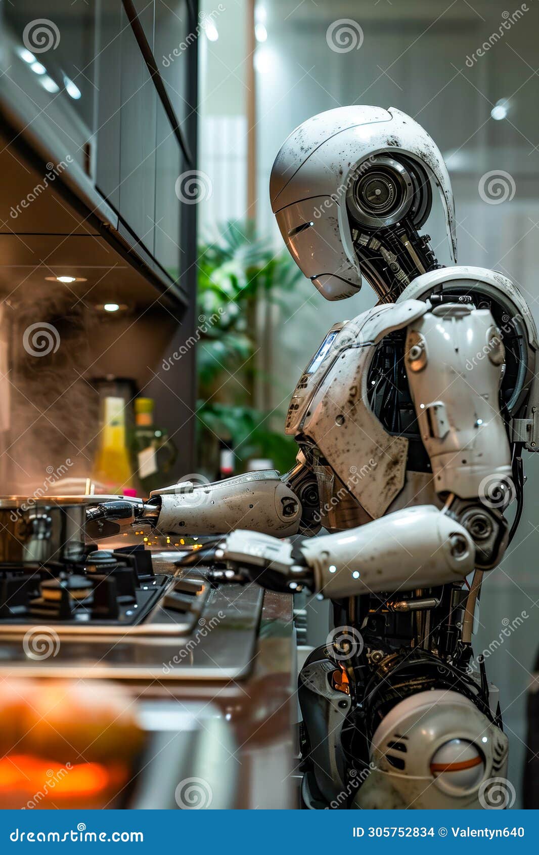 Robot is Standing in Kitchen Preparing Food by Reaching into Pot on the ...
