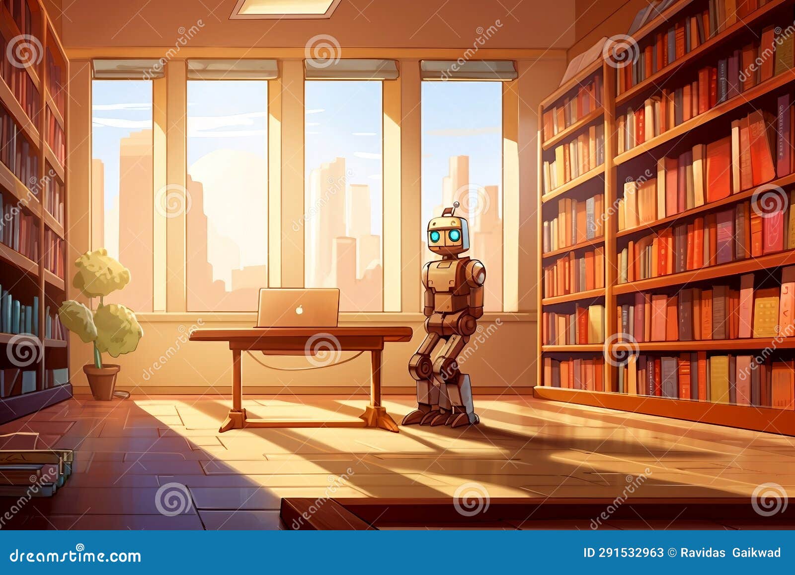 Robot Standing in Library with Large Windows Illustration AI Generated ...