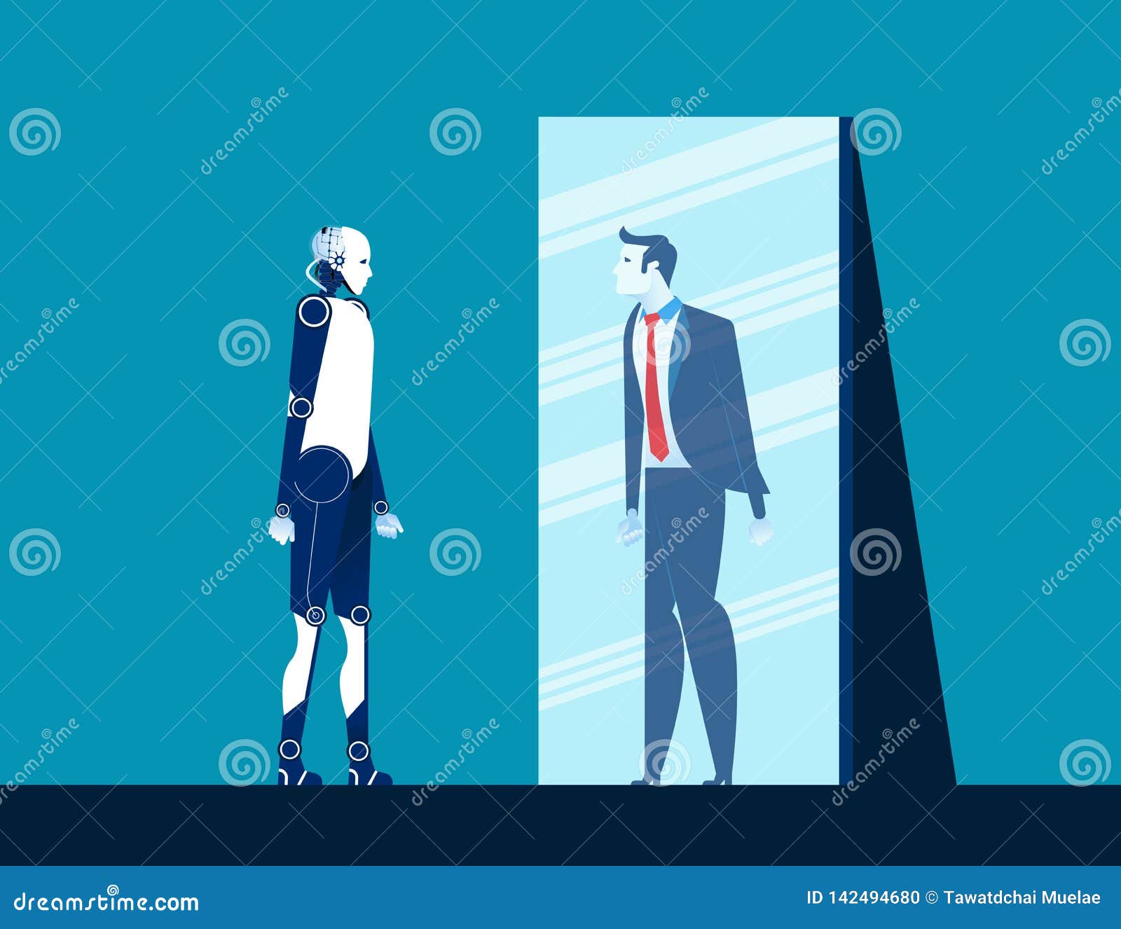 Robot Standing and Looking Body in Mirror of Men Reflection. Concept ... Robot Standing and Looking Body in Mirror of Men Reflection. Concept ...