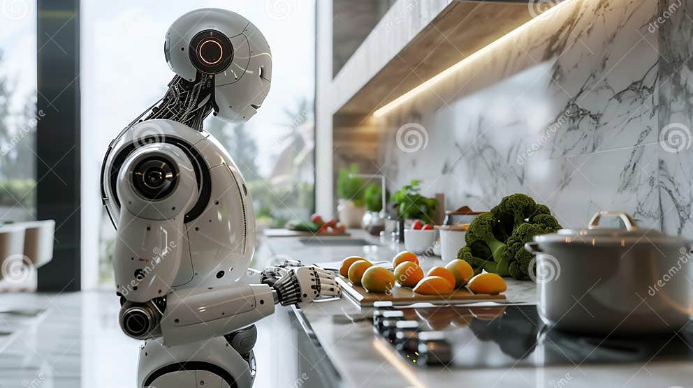 A Robot is Standing in a Modern Kitchen Next To a Counter Stock ...