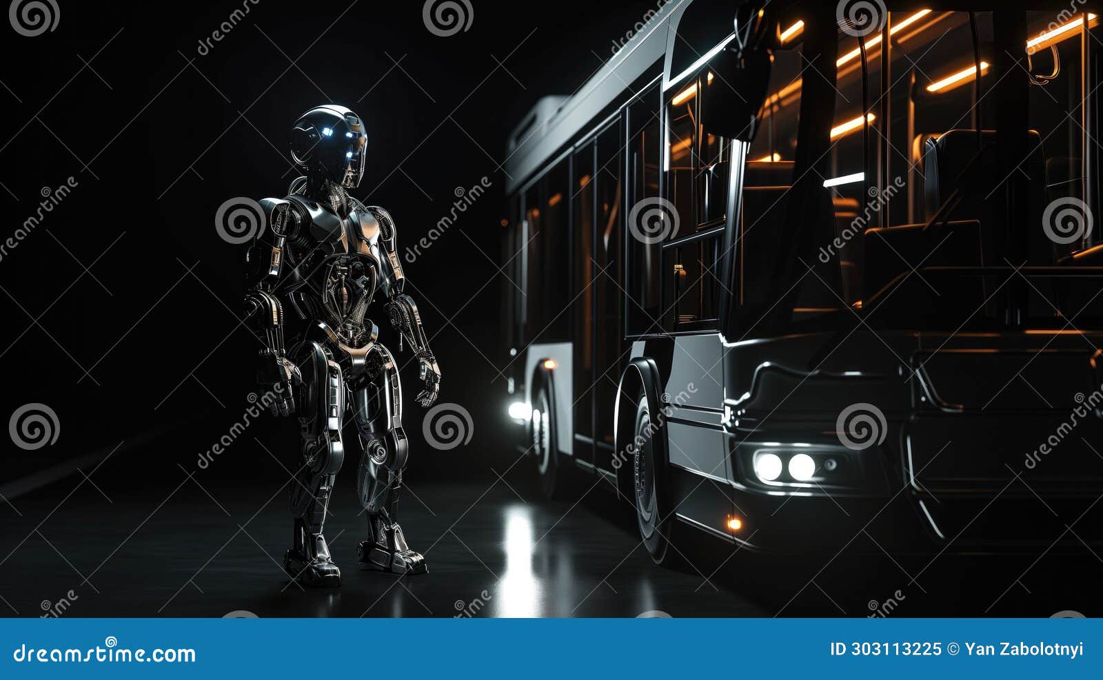 A Robot Standing Next To a Bus Stock Illustration - Illustration of ...