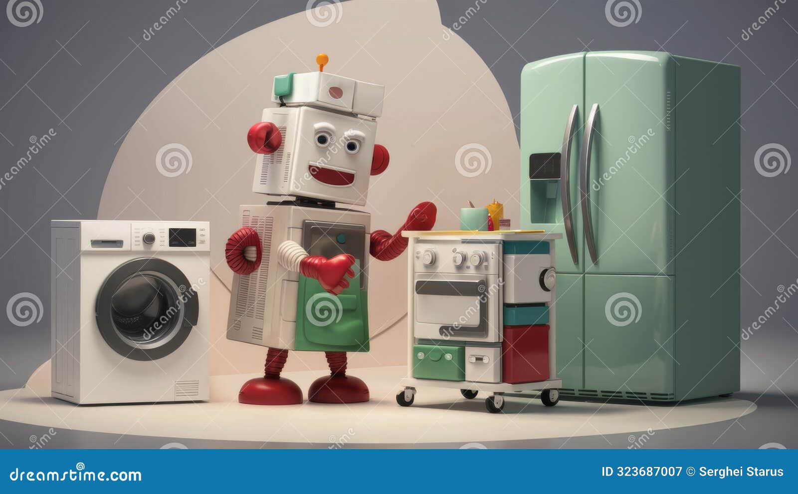 A Robot is Standing Next To a Refrigerator, Washing Machine and Oven ...