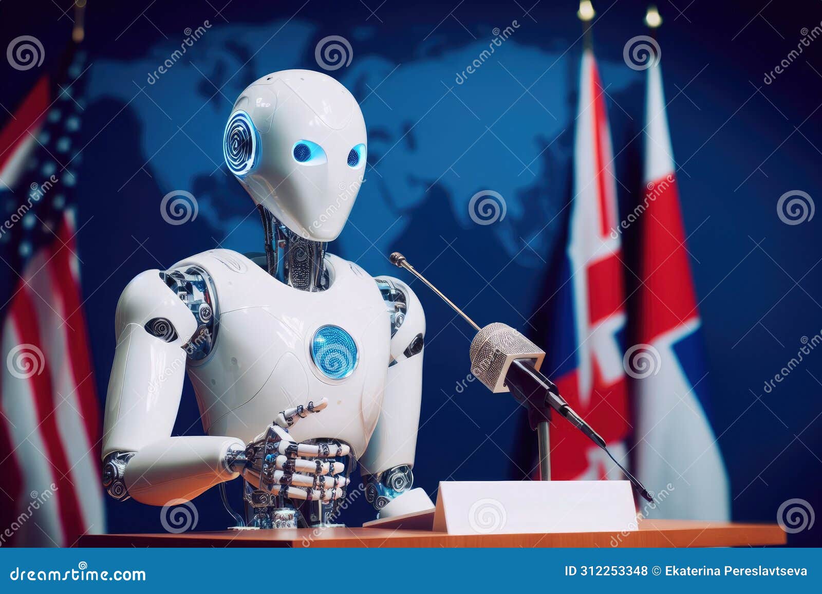 A Robot is Standing at Podium in Front Flag Stock Photo - Image of ...