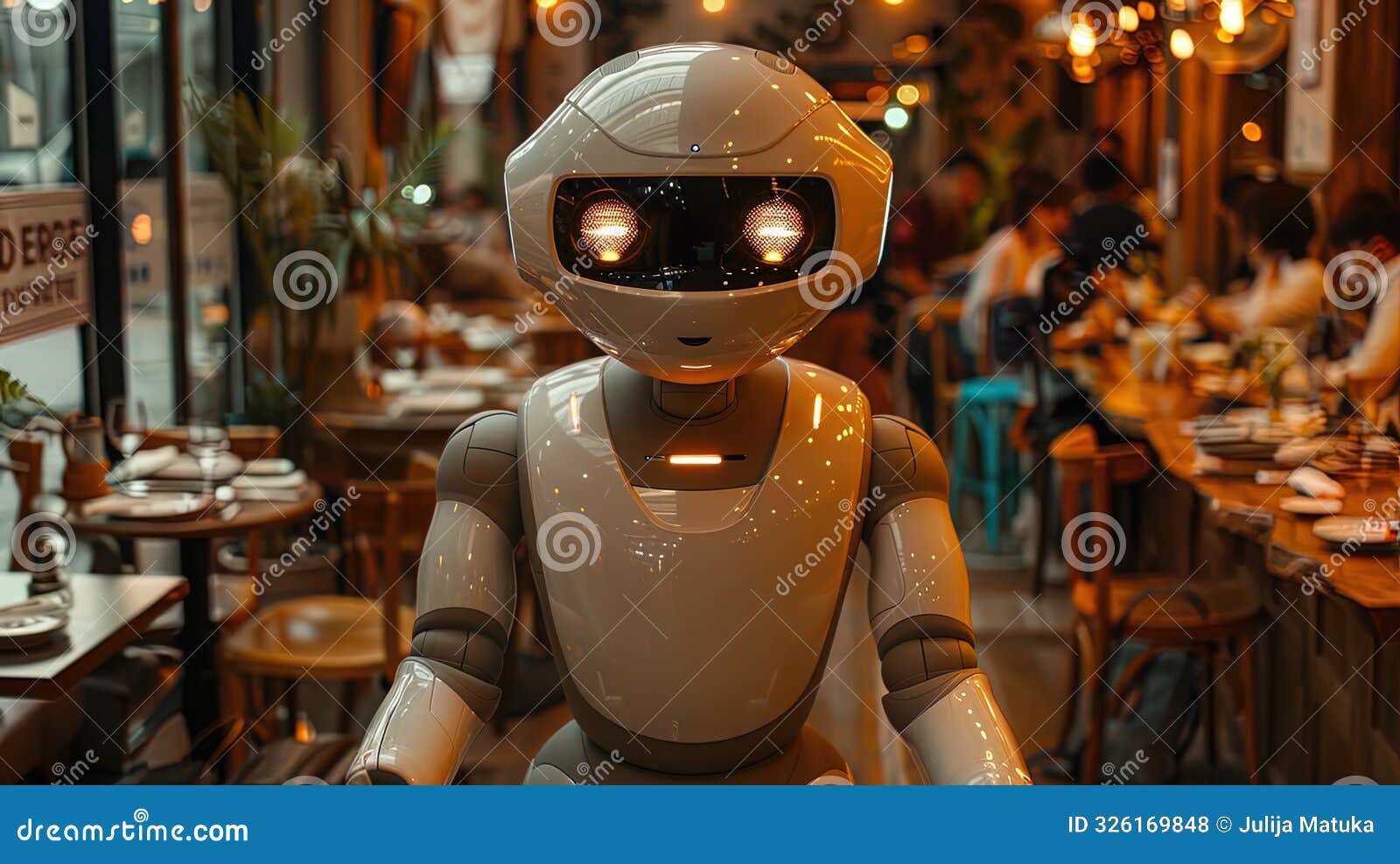 A Robot is Standing in a Restaurant with People Eating Stock Photo ...