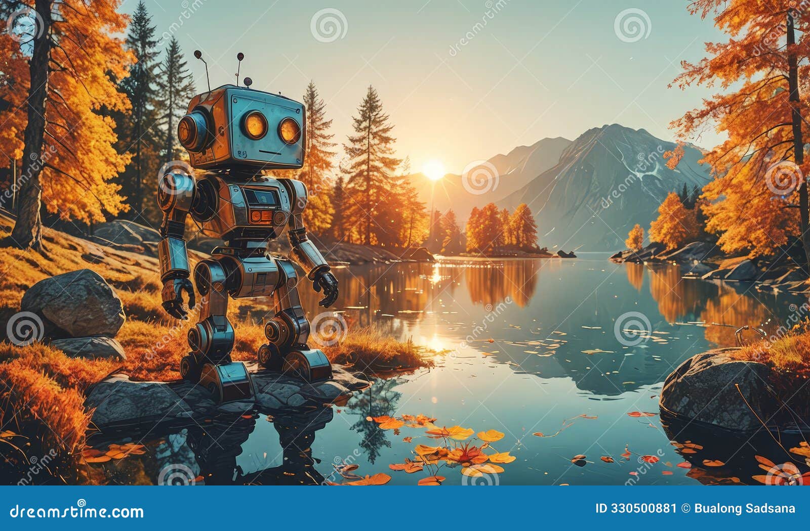 Robot Standing on Rock in the Middle Lake Stock Illustration ...