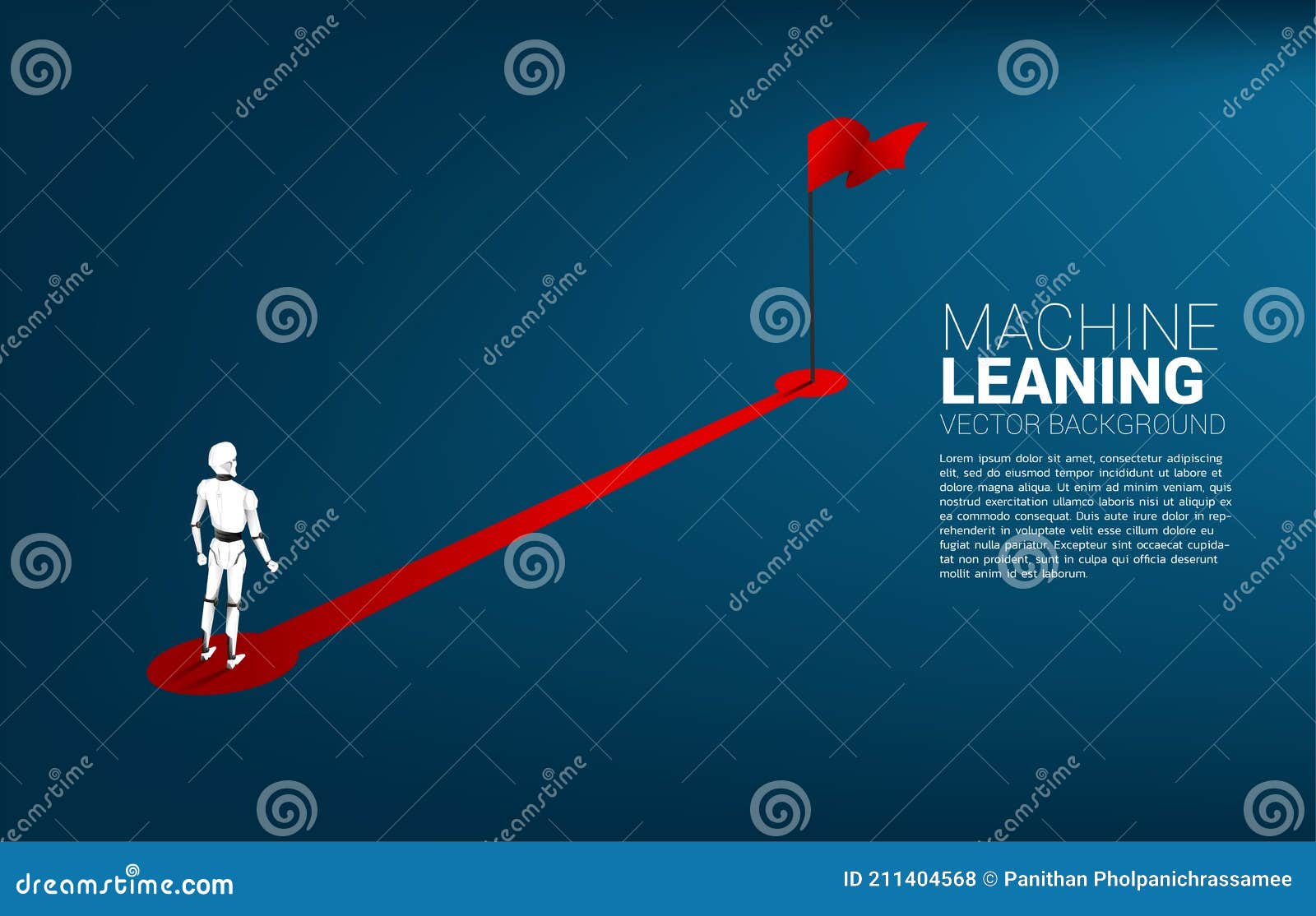 Robot Standing on Route To Red Flag. Stock Illustration - Illustration ...