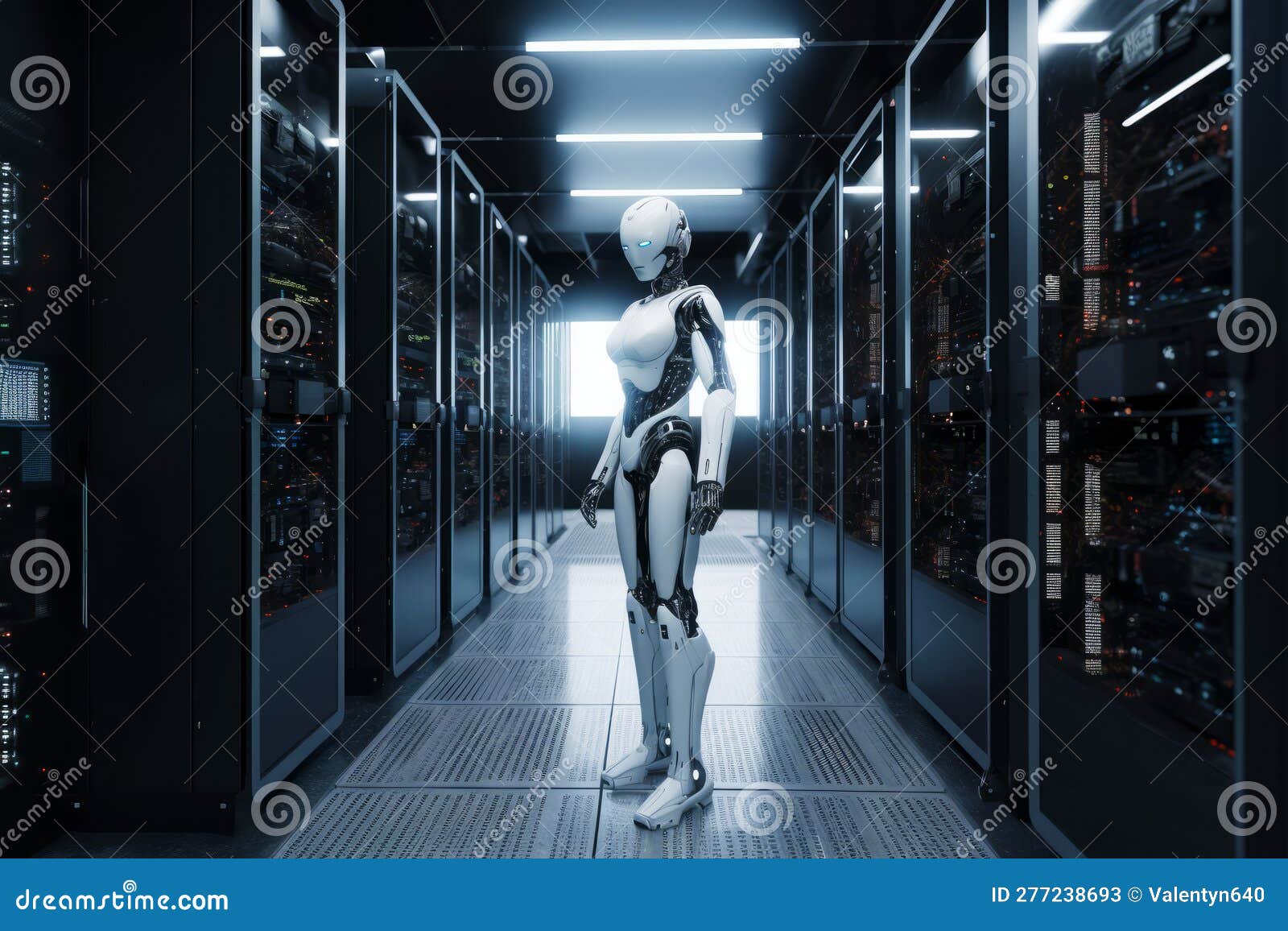 Robot Standing in Server Room in Front of Row of Servers. Generative AI ...
