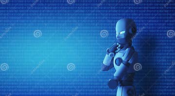Robot Standing and Thinking in Control Room with a Binary Code Stock ...