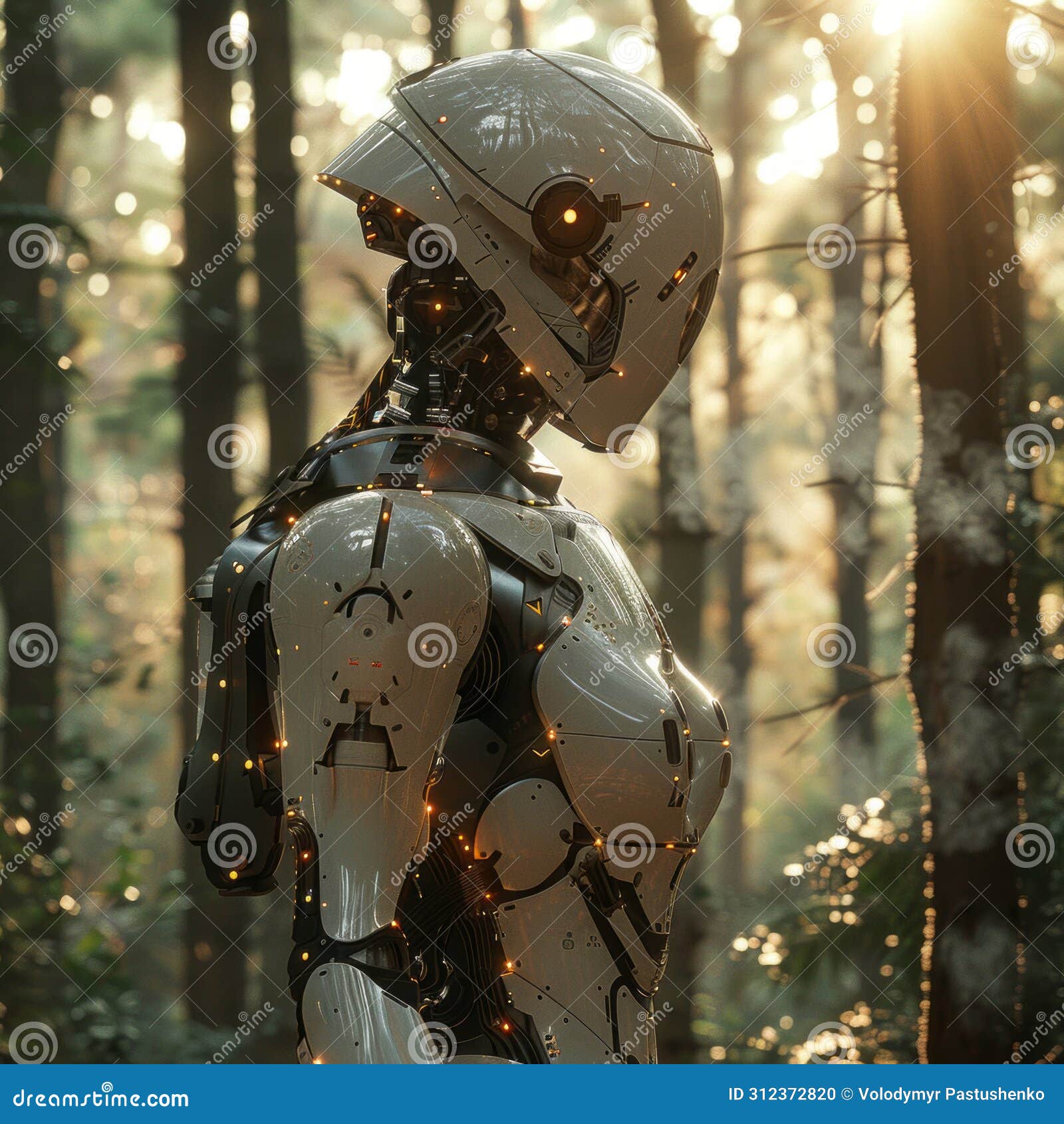 Robot Standing among Trees in the Forest Stock Photo - Image of armor ...