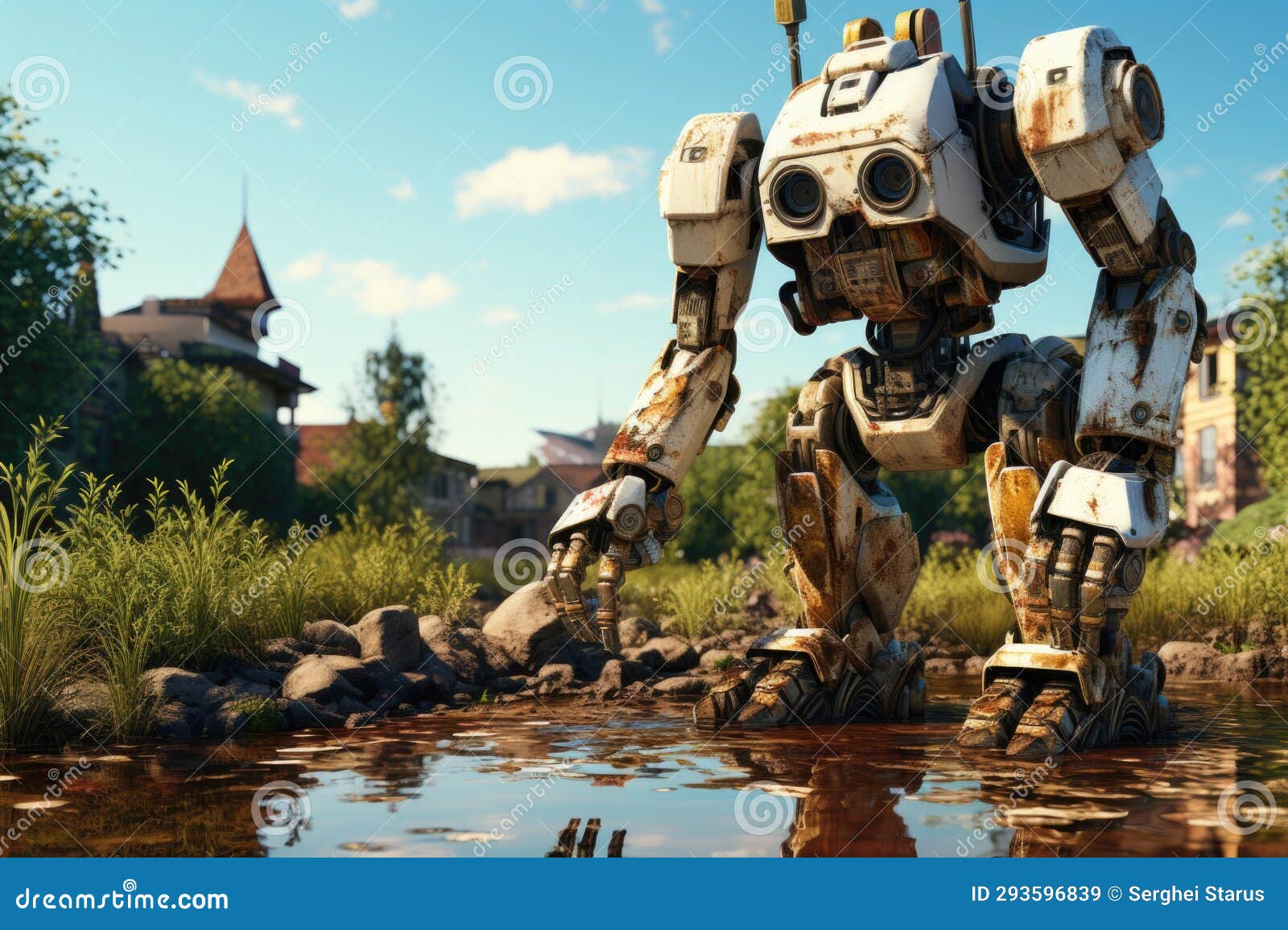 The Robot is Standing in the Water Next To a Building, AI Stock Image ...