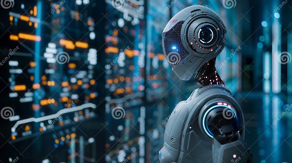 A Robot Stands in Front of a Wall of Data, Processing Information for ...