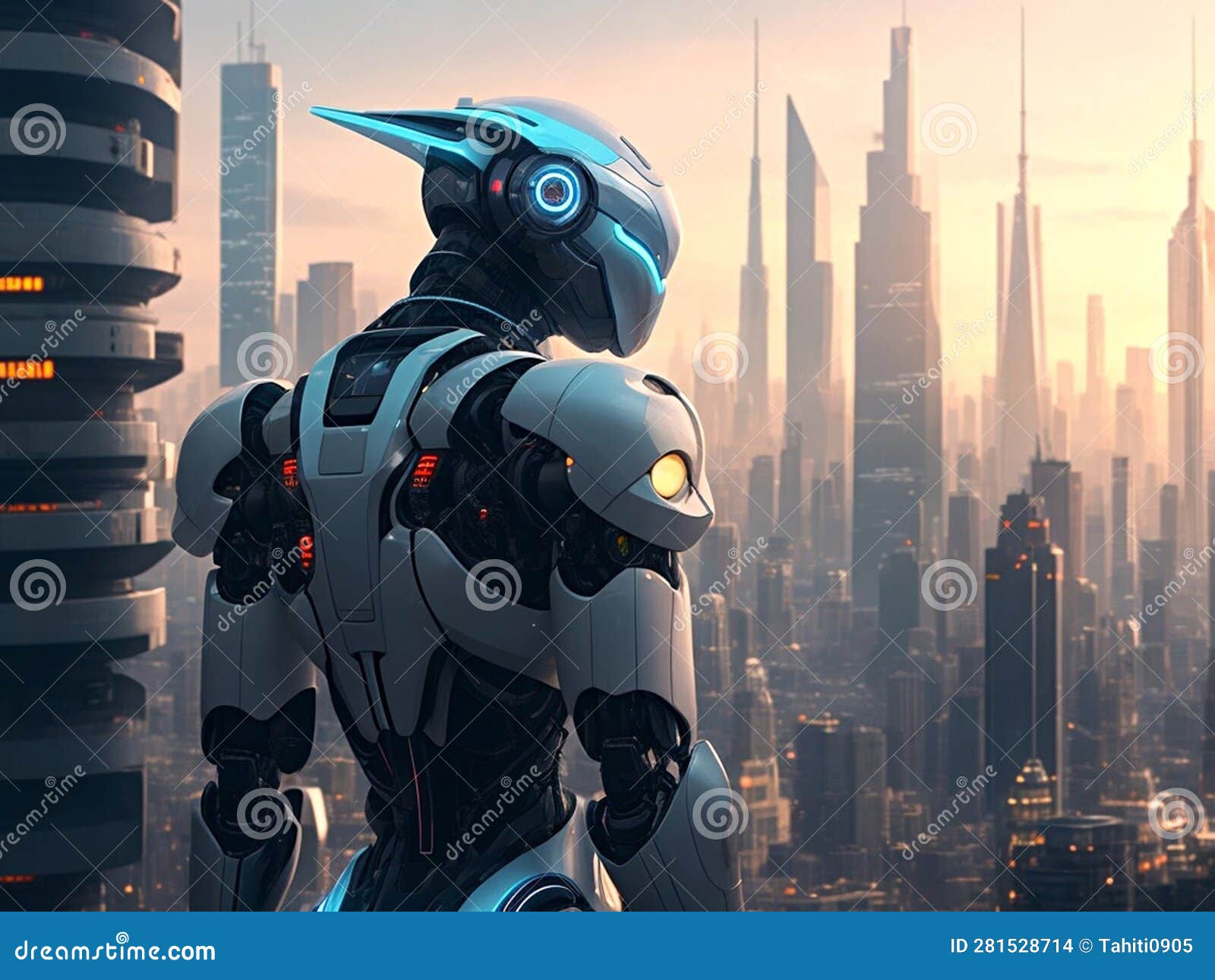 Robot Stands in a Futuristic Cityscape Stock Illustration ...