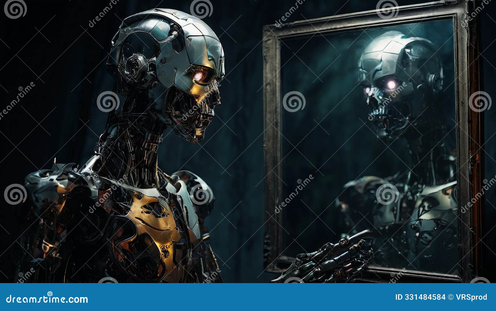 Robot Examining Reflection in Mirror, AI Self-awareness Concept Stock ...