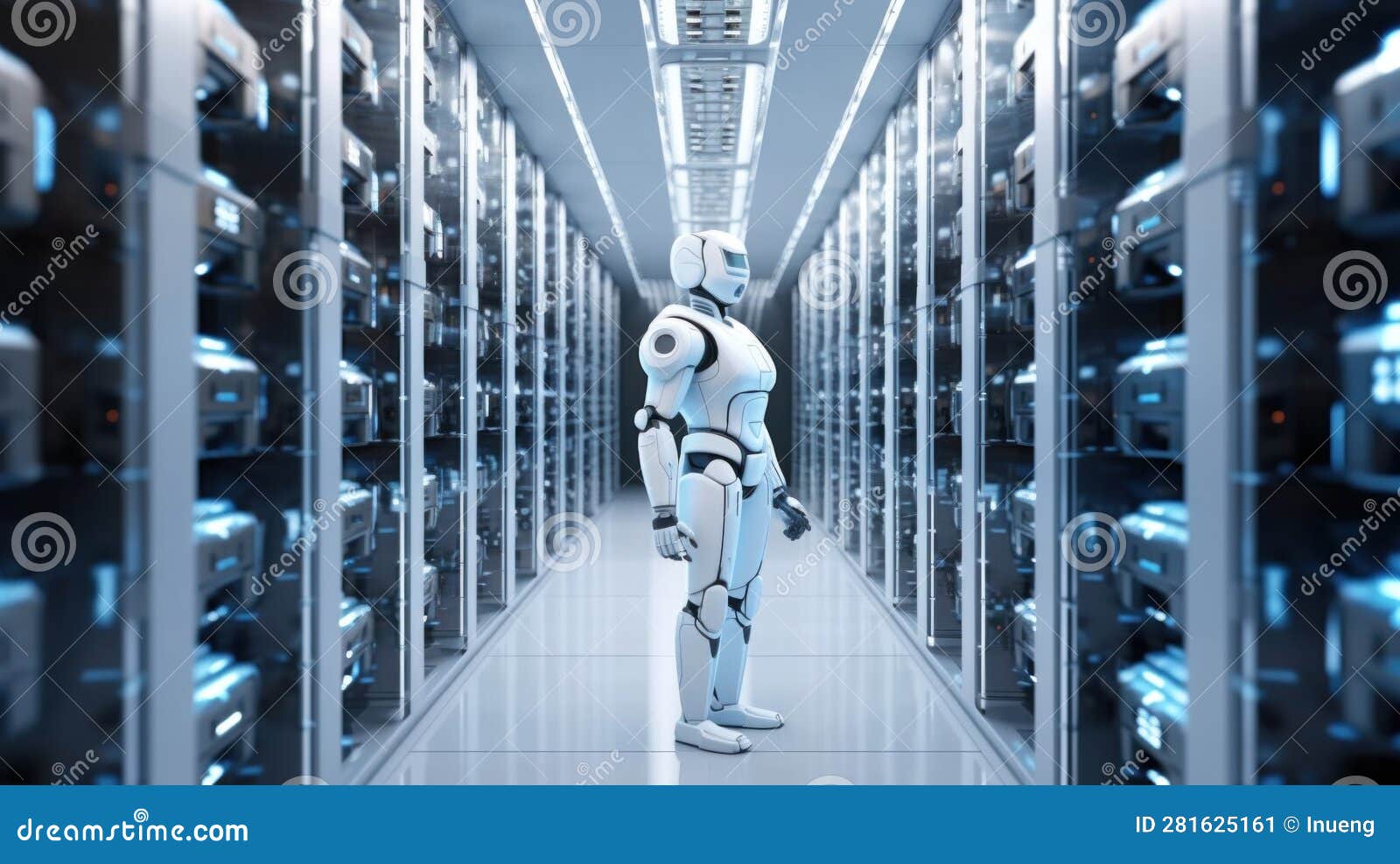 Robot Stands in Modern Server Room. Humanoid Robot Uses Cloud Computing ...