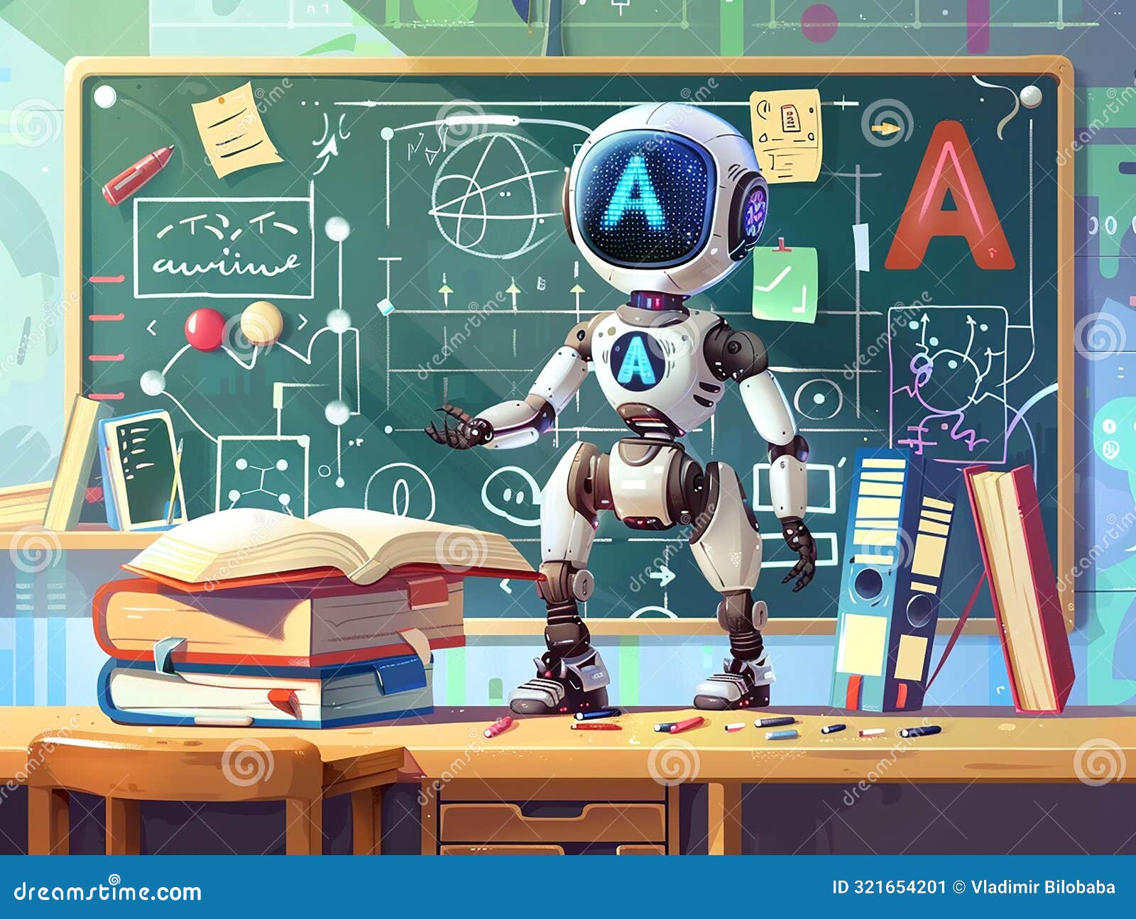 Robot Student Learning in Classroom Stock Illustration - Illustration ...