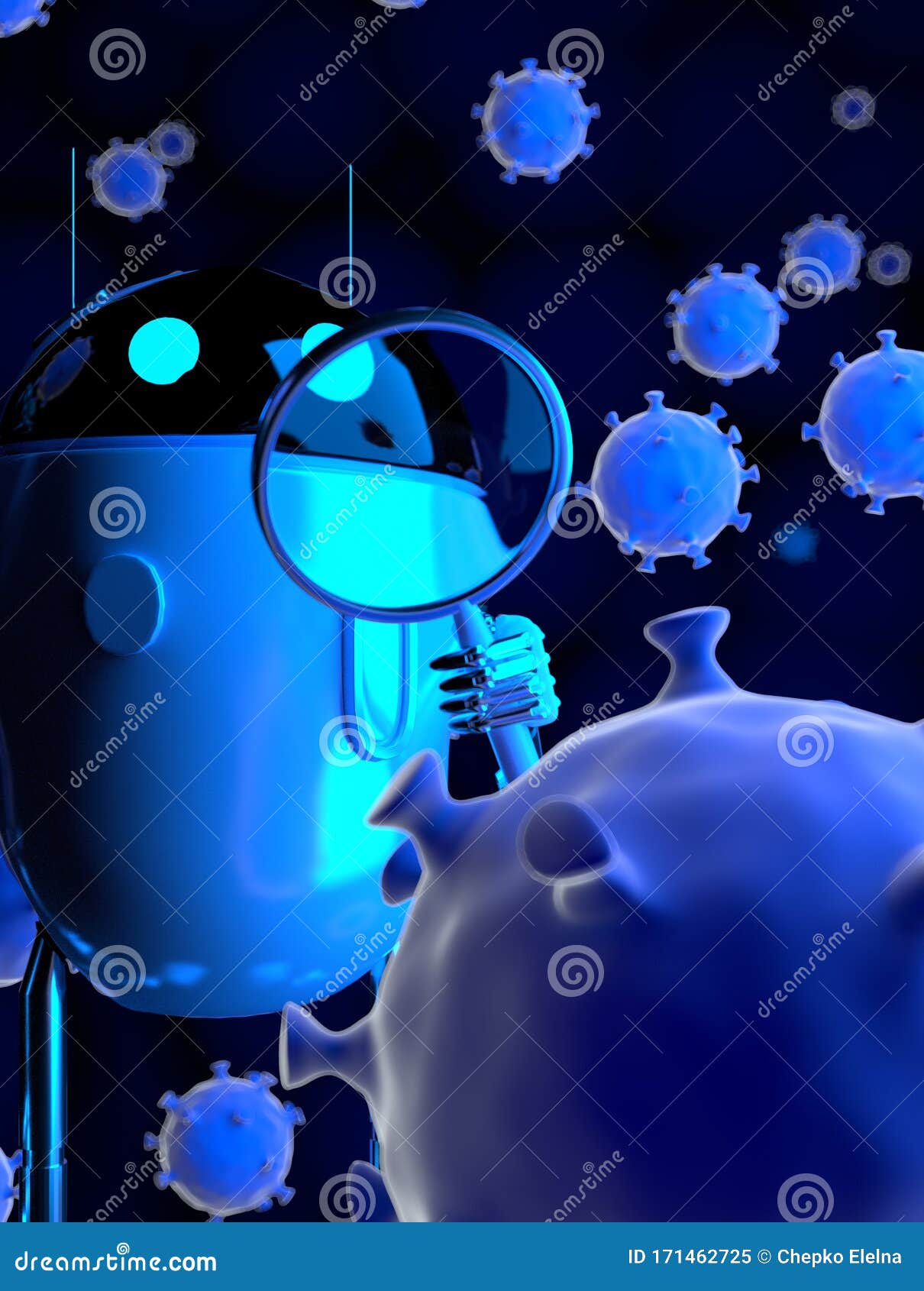 Robot Studies a Coronavirus with Magnifier,nano Robot with Bacterium,3d ...